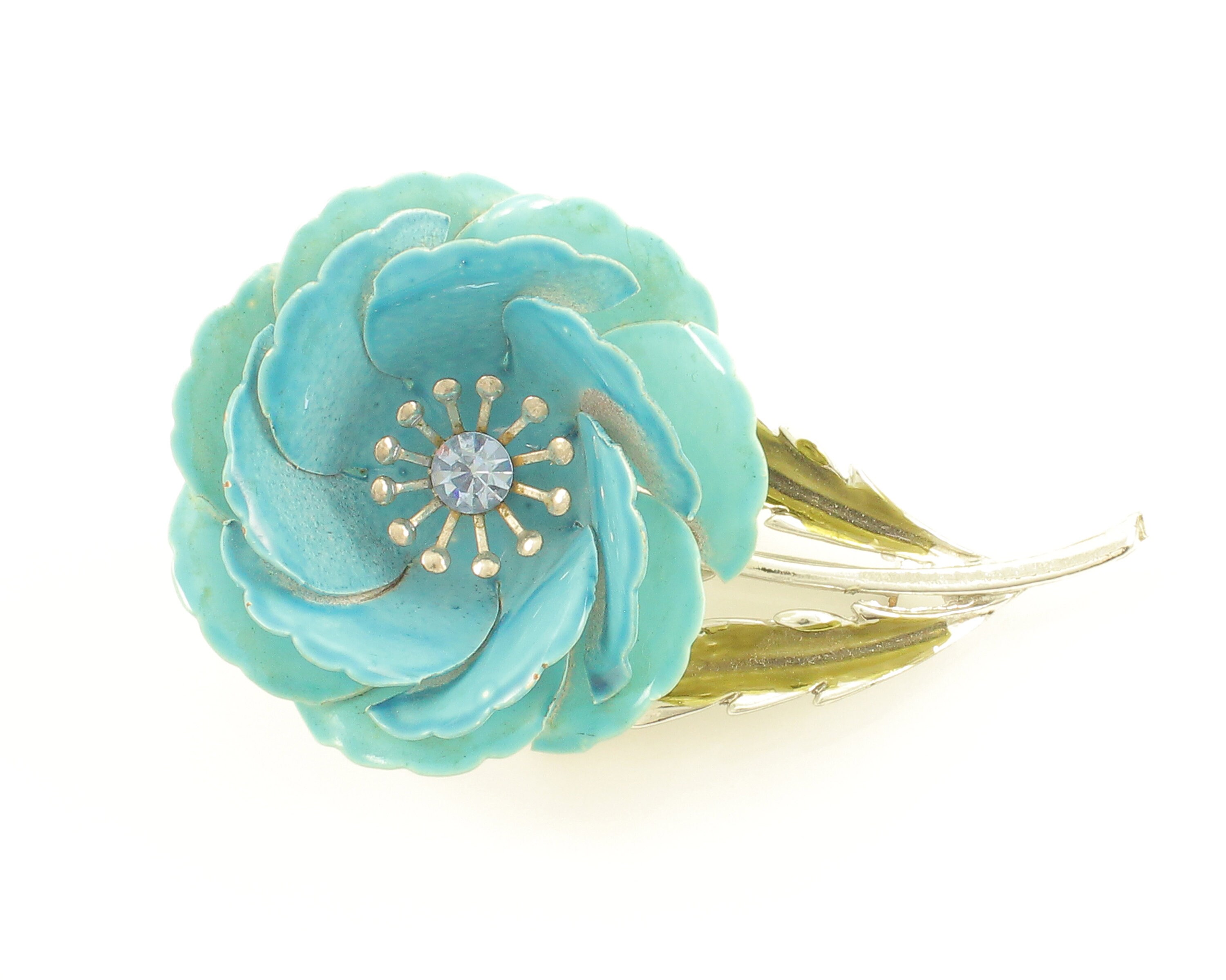 Vintage Coro Teal Enamel Flower Brooch, Coro Floral Pin, Something Blue Brooch, Wedding Brooch ...
