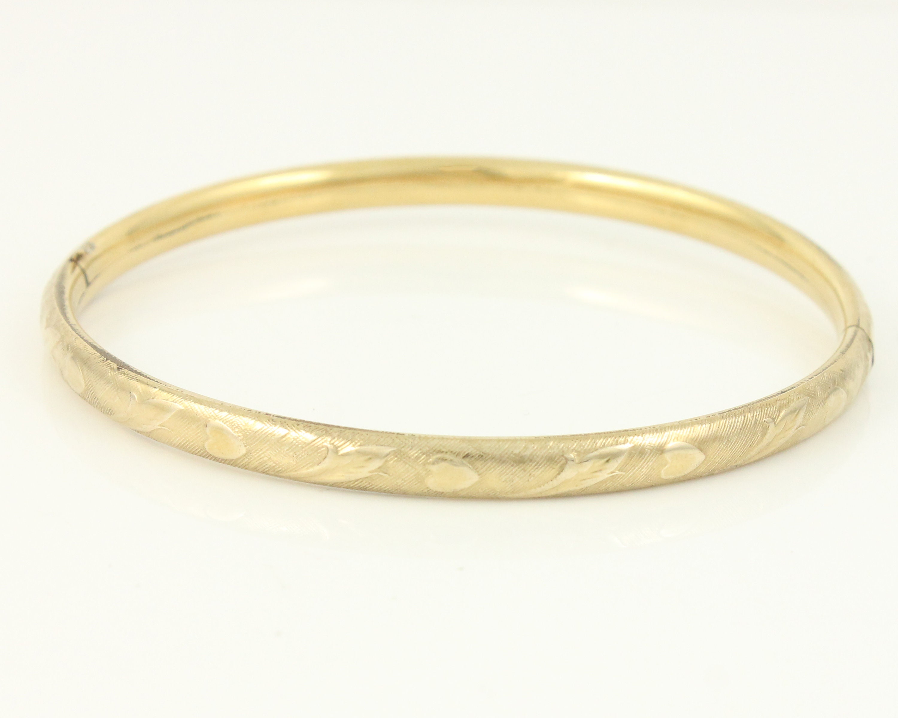 Vintage Heart and Leaves 14K Gold Filled Bangle Bracelet, Vintage Hinged Gold Filled Embossed ...