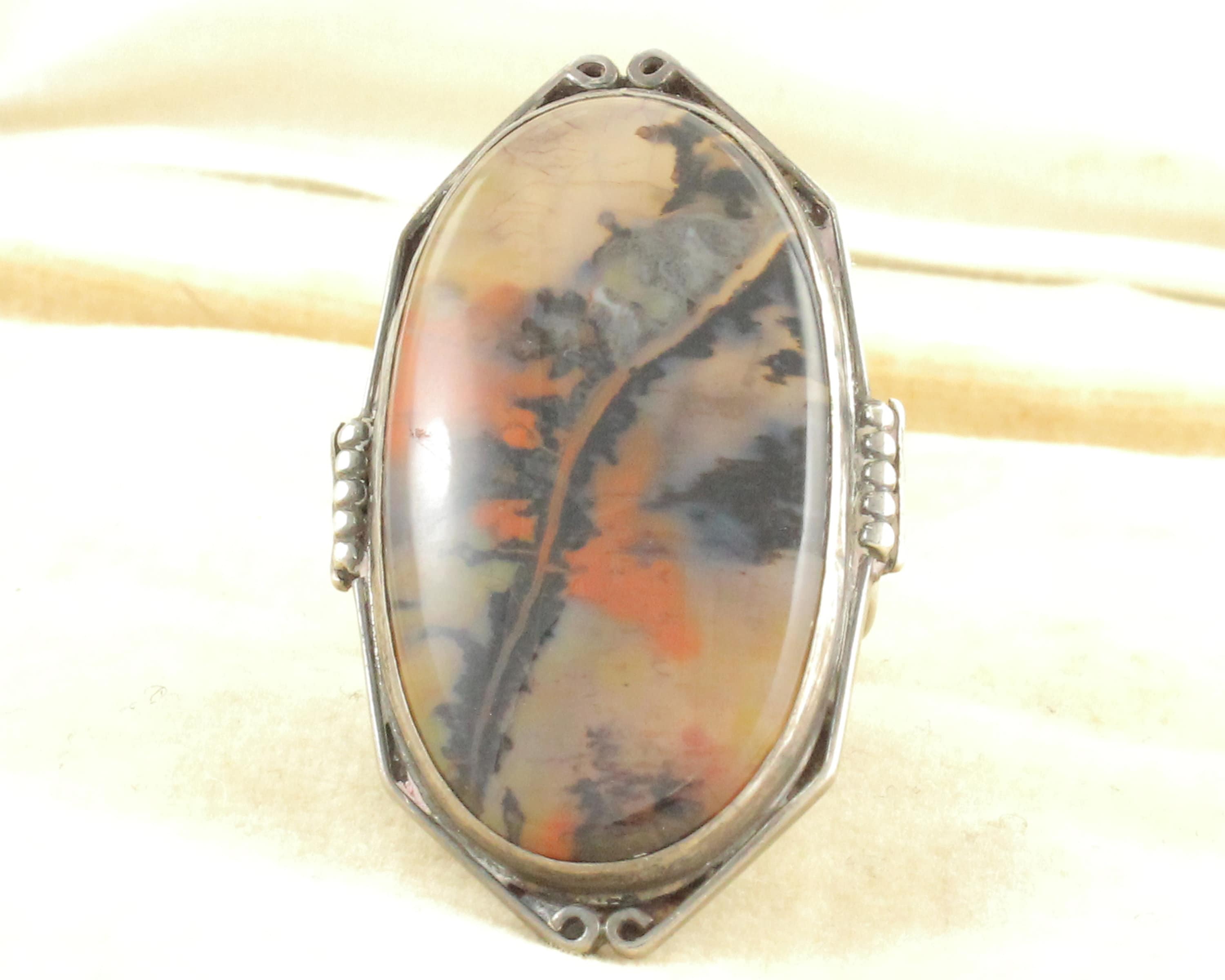 Large Art Deco Dendritic Landscape Agate Statement Ring - Sterling ...