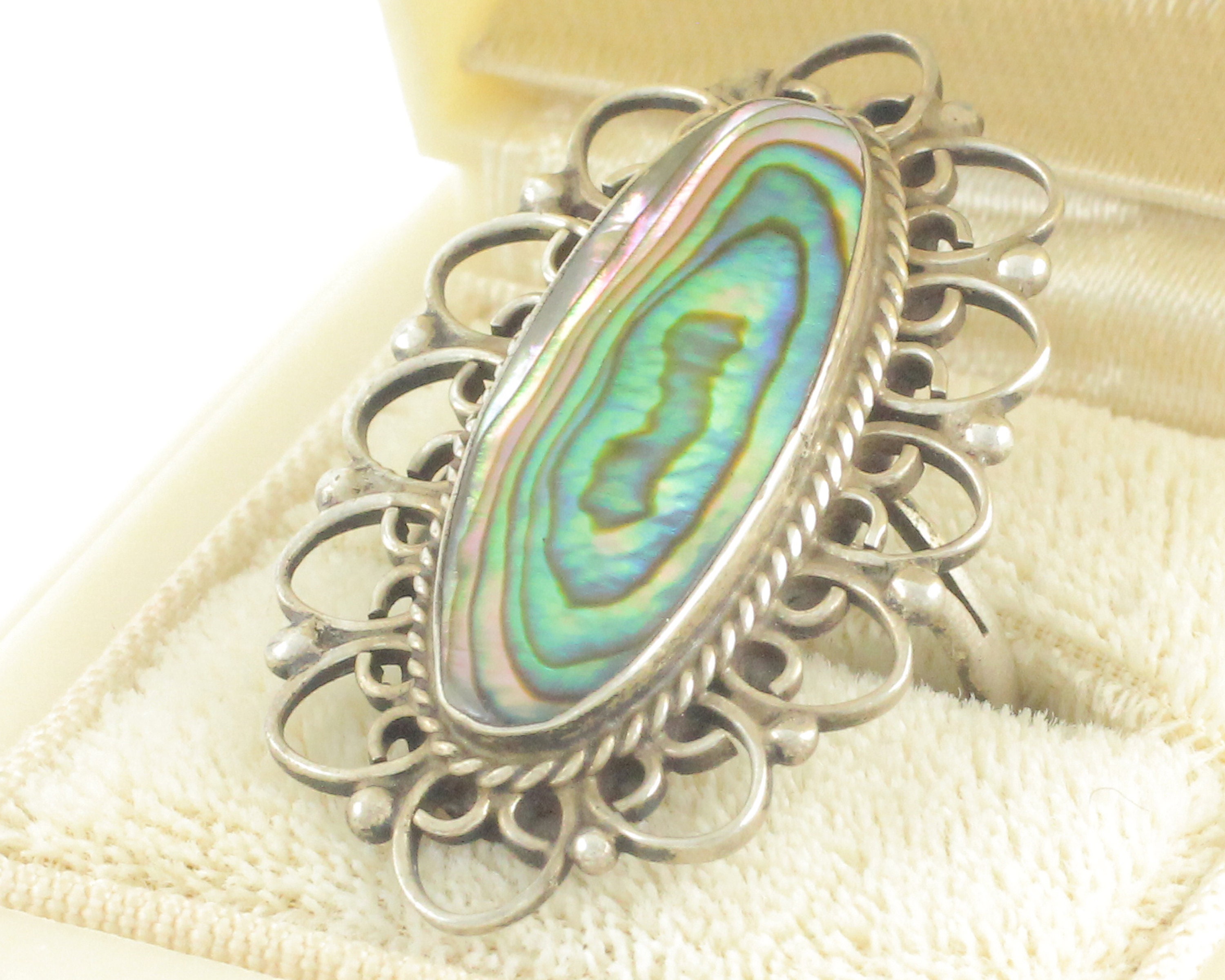Mexican Sterling Filigree Abalone Ring - 925 LMV Silver Blue Green Paua ...