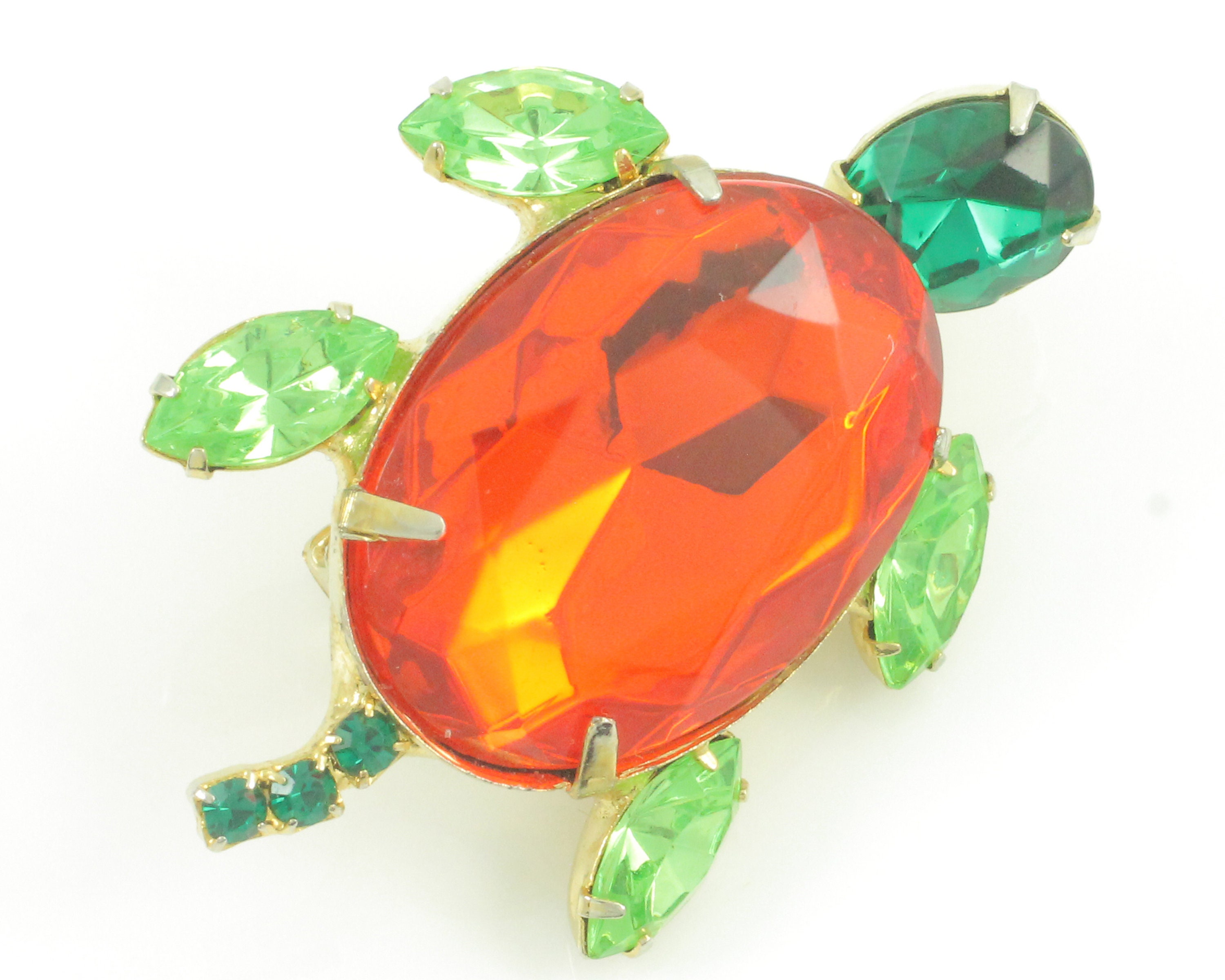 Vintage Rhinestone Turtle Brooch, Orange and Green Rhinestone Tortoise ...