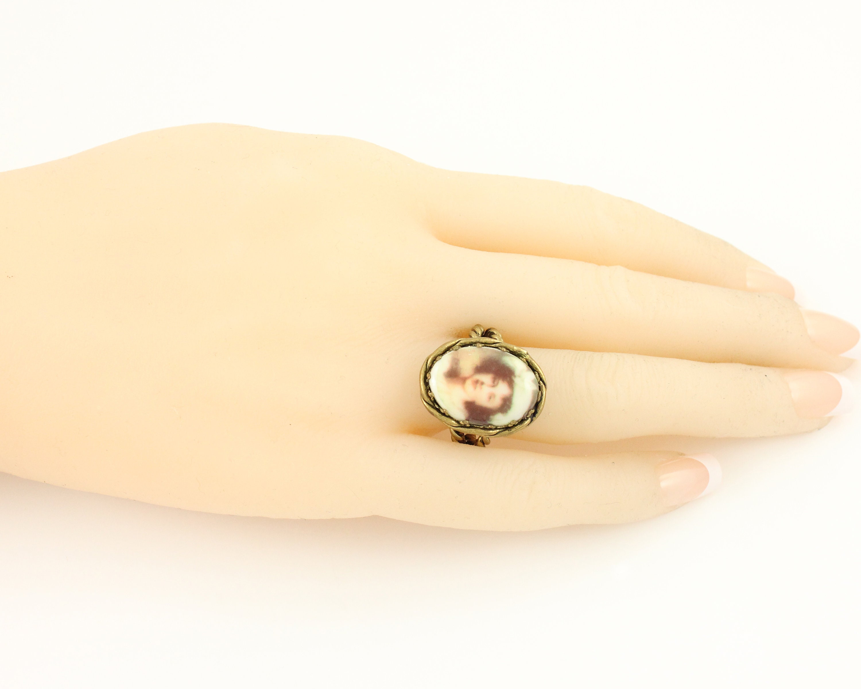 Vintage West German Portrait Ring, Adjustable Brass Porcelain Portrait ...