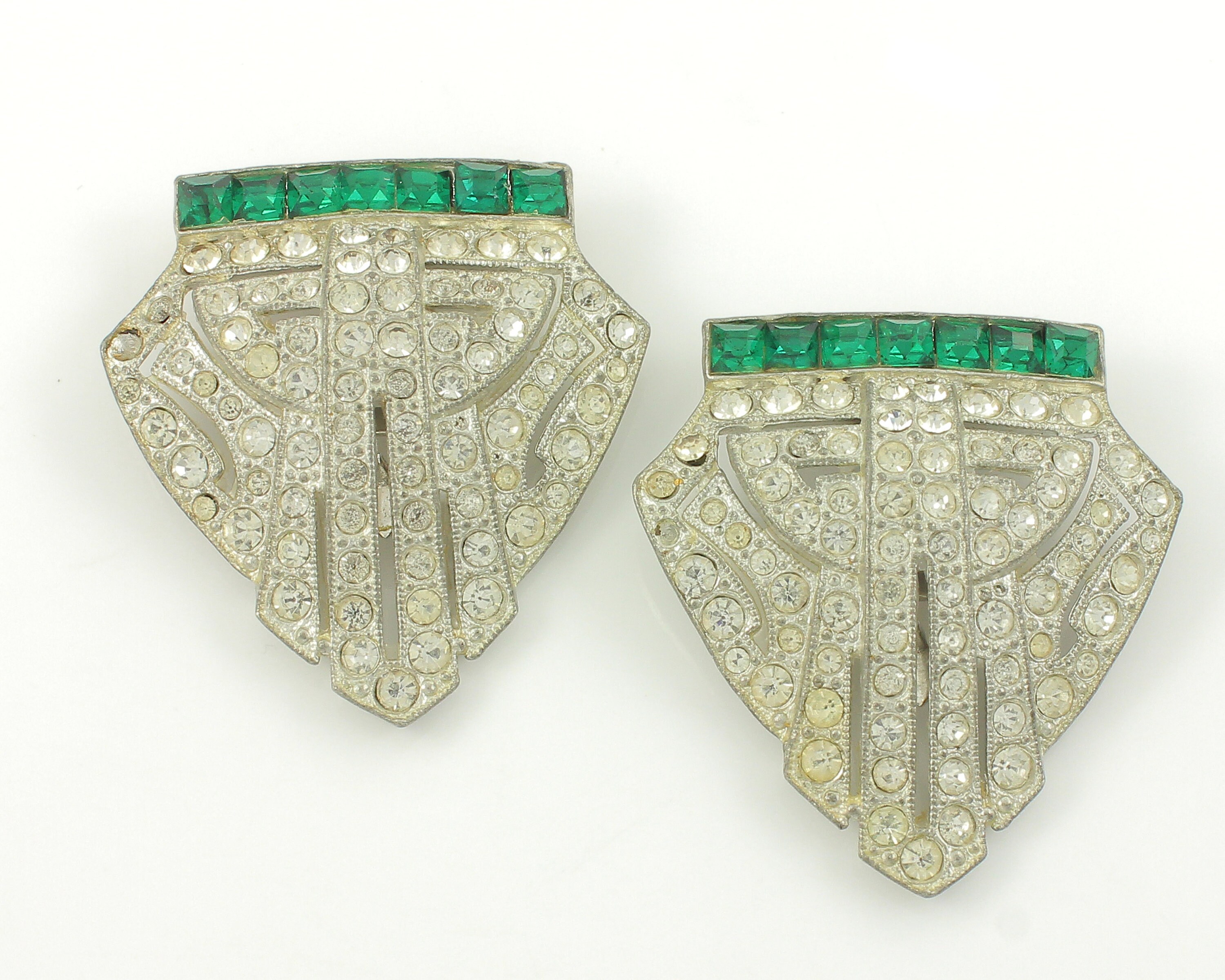 Vintage Emerald Green Rhinestone Dress Clip Pair, Art Deco Green Clear ...