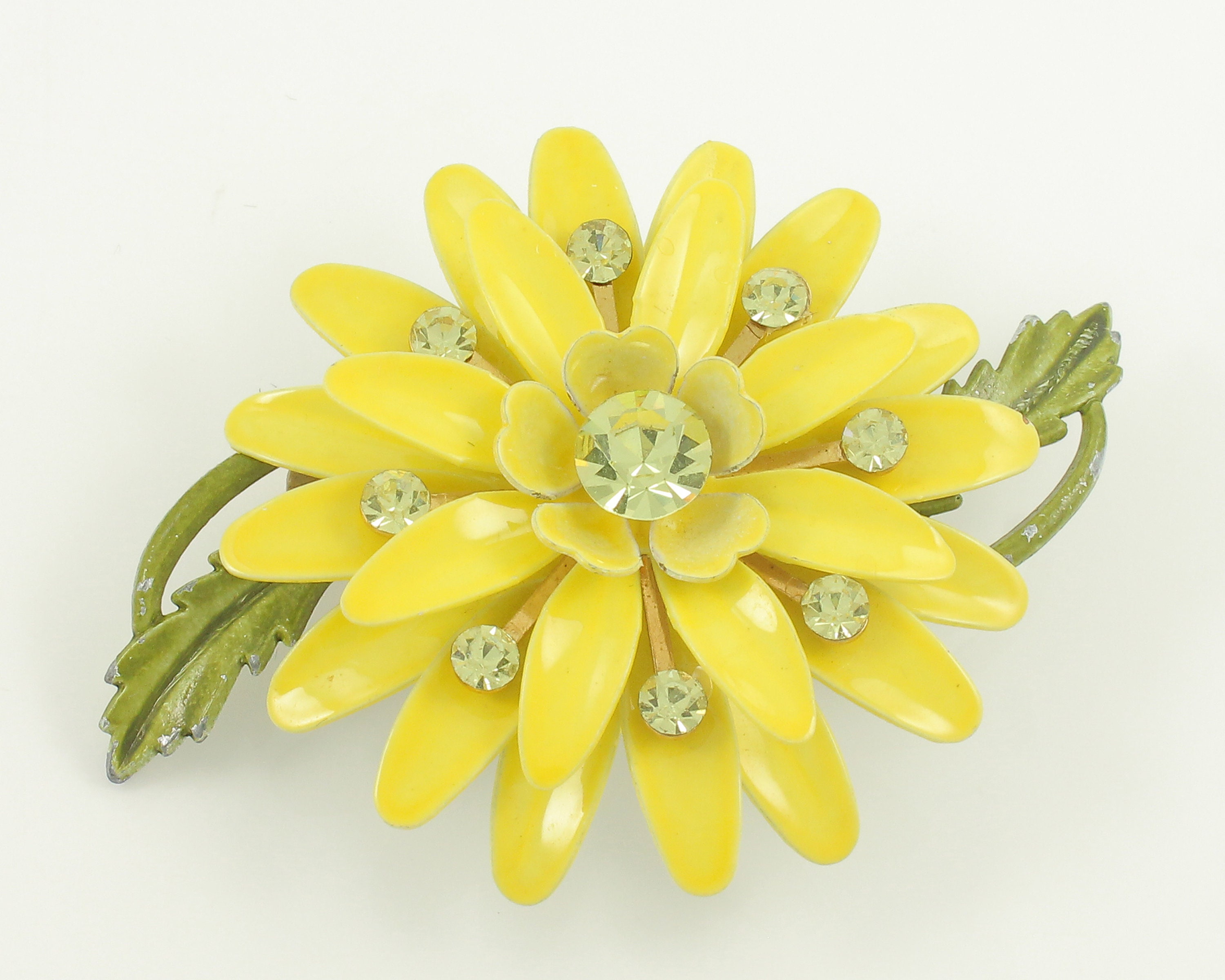 Vintage Enamel Rhinestone Flower Brooch Sixties Mod Yellow Flower