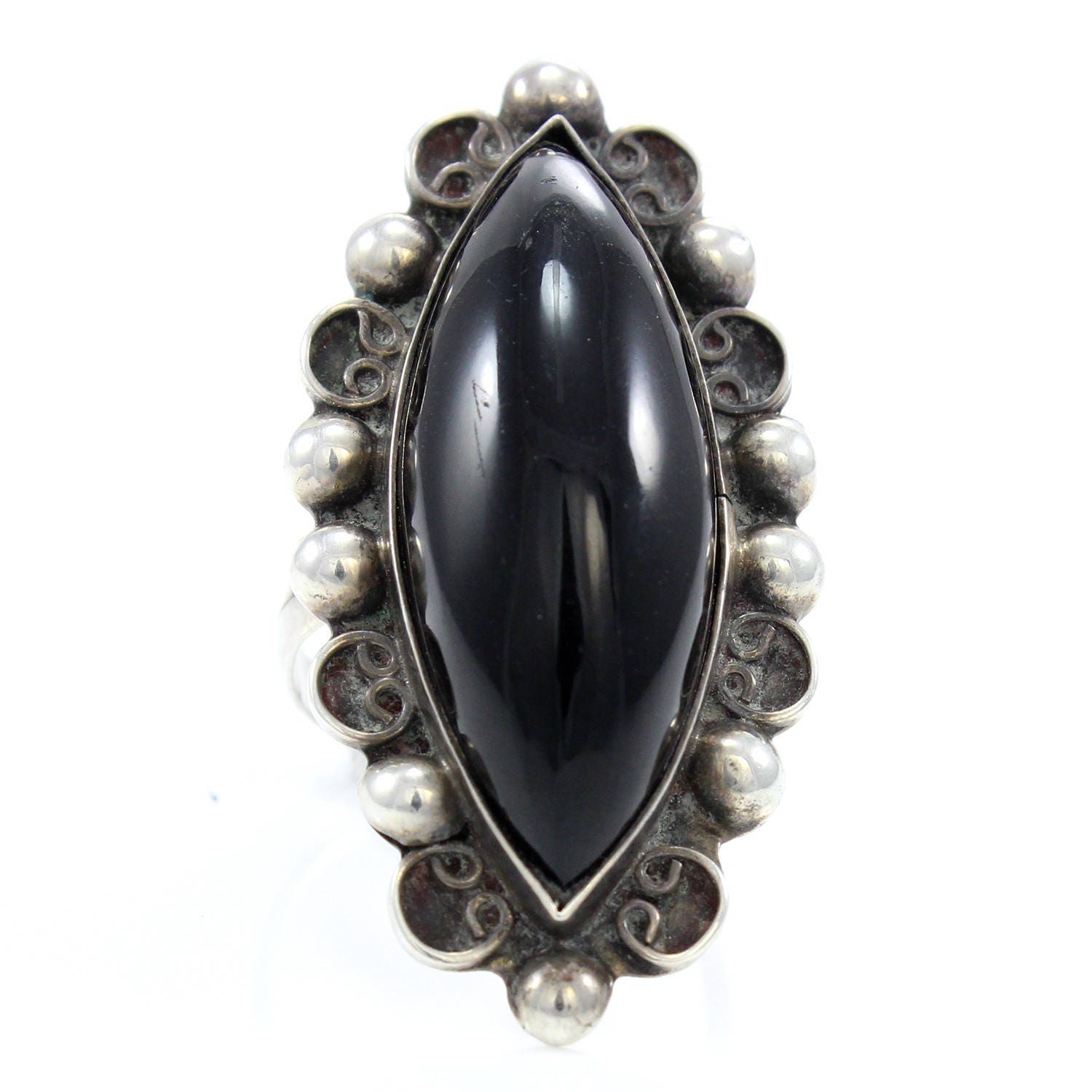 Vintage Mexican Silver Black Onyx Ring - Early Sterling Mexico Marquise ...