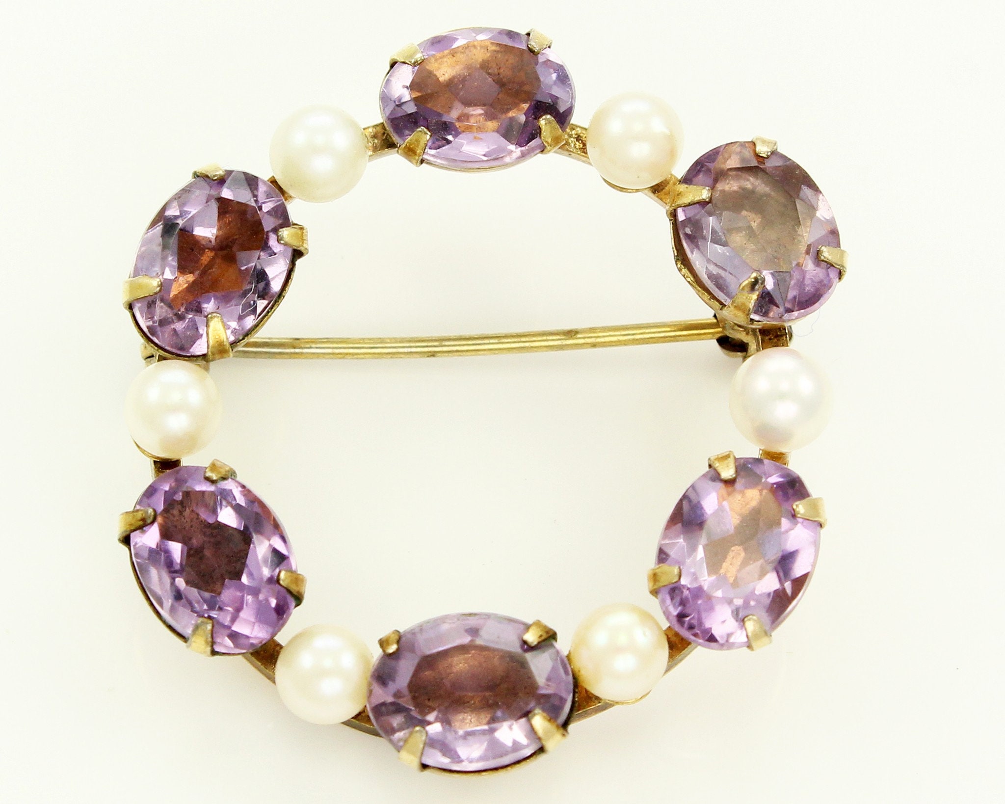 Vintage Amethyst Cultured Pearl Circle Pin Brooch Signed H.G. 1/20 12K ...