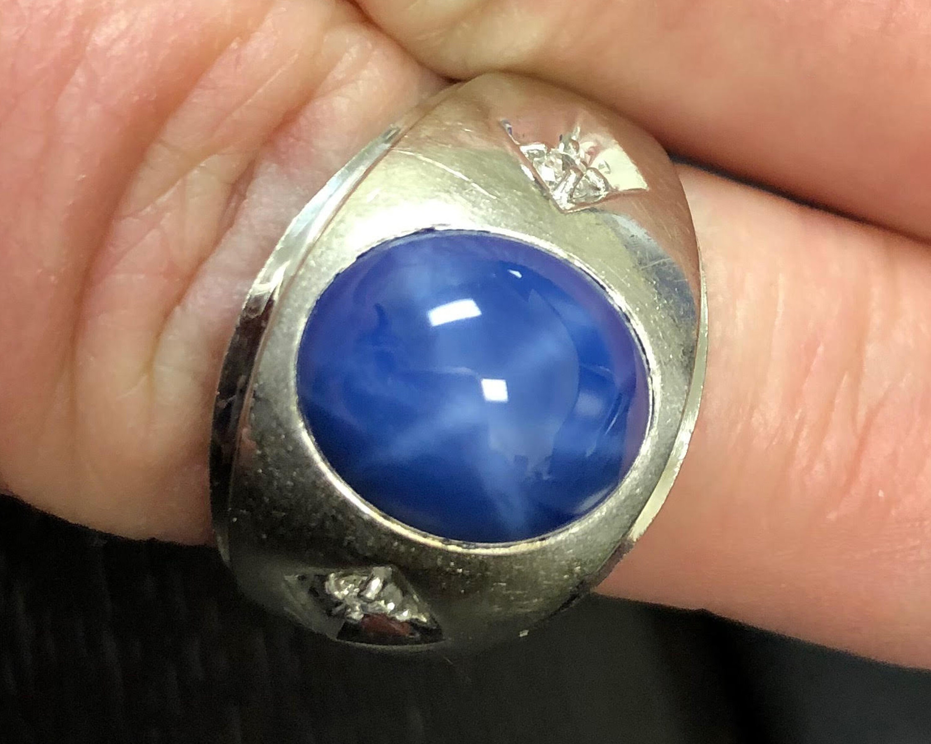 Man s Lab Created Blue Star Sapphire 12 CT Diamond Ring 10K White Gold Man s Lab Created Blue Star Sapphire 12 CT Diamond Ring 10K White Gold