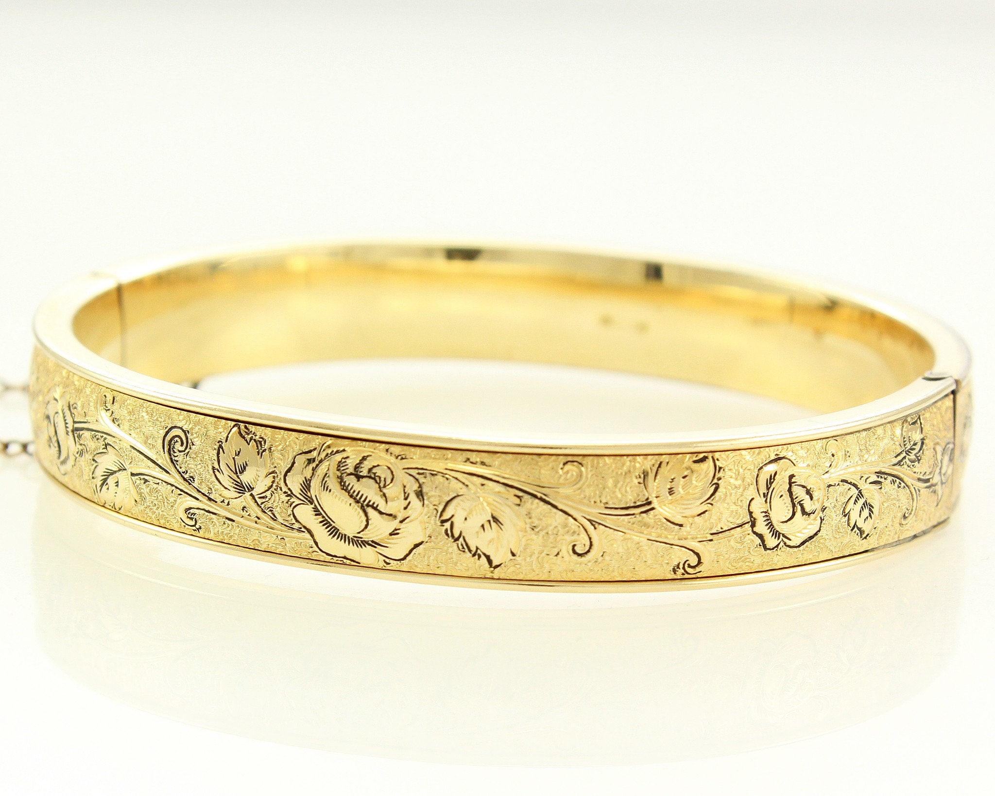Gold Filled Flower Bangle 12k Gf Bracelet By Winard Rose Engraved