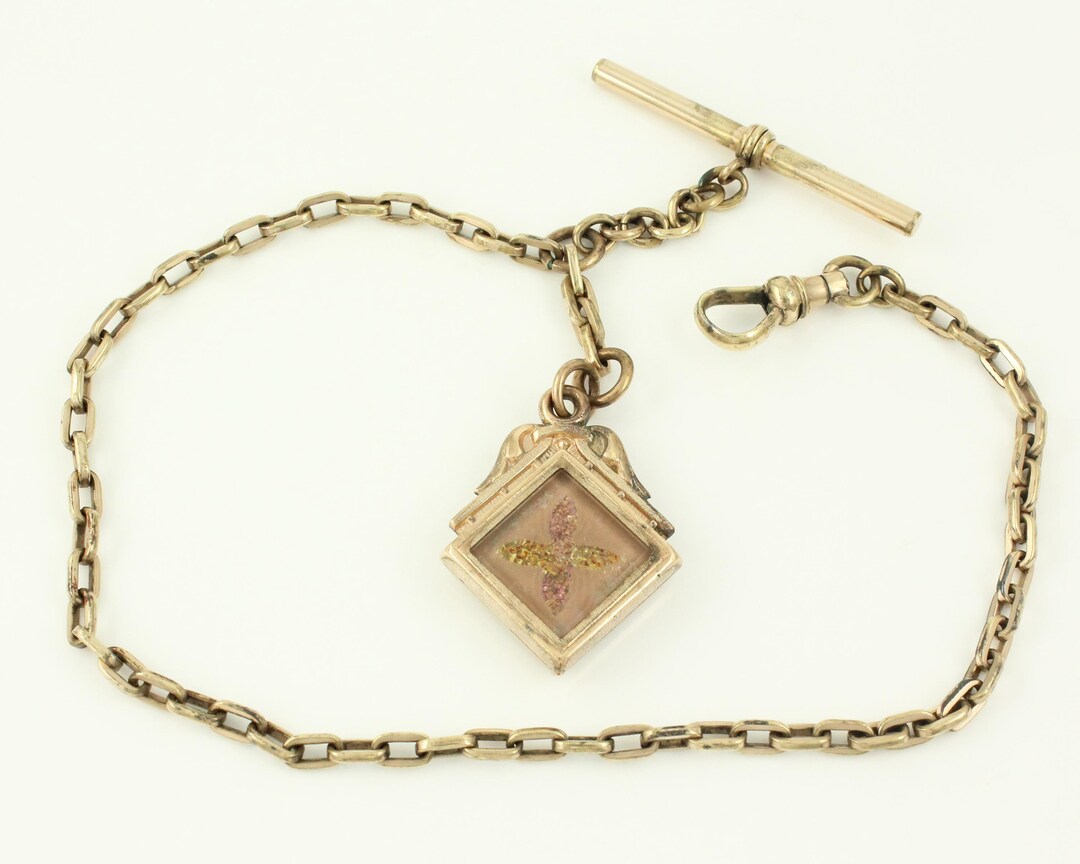 Victorian Gold Filled Albert Watch Chain Glitter Glass Fob, 1900s GF ...