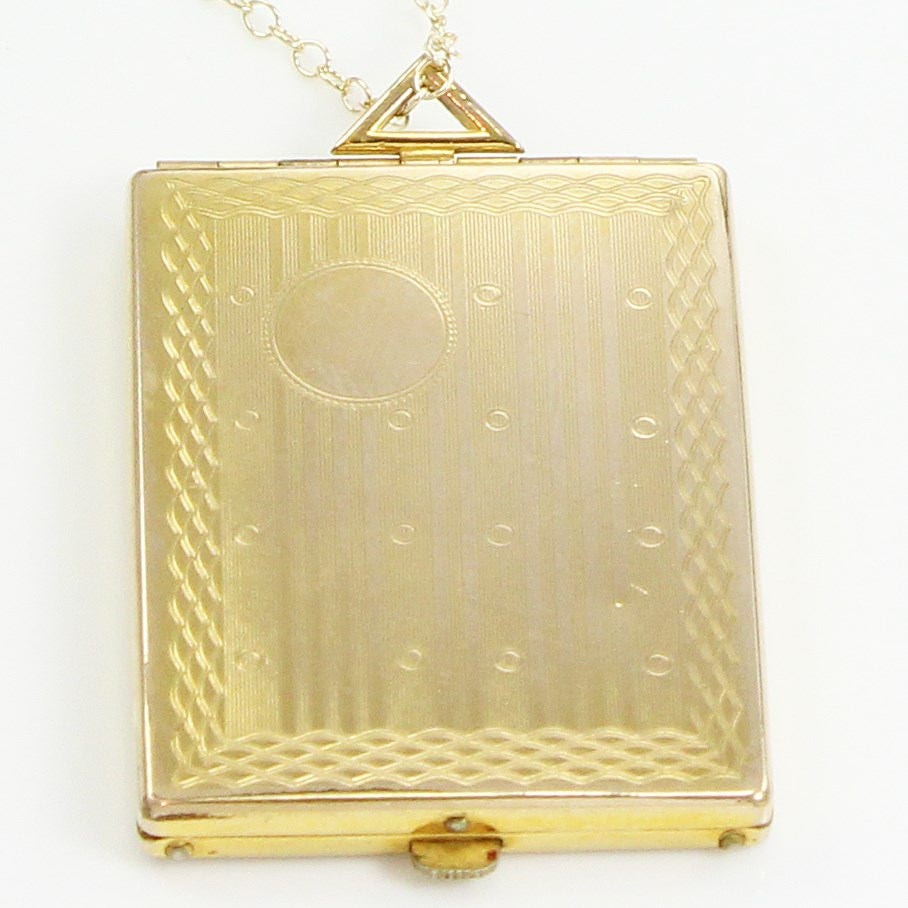 Art Deco Large Locket Engraved Rectangle Pendant Gold Filled Necklace ...