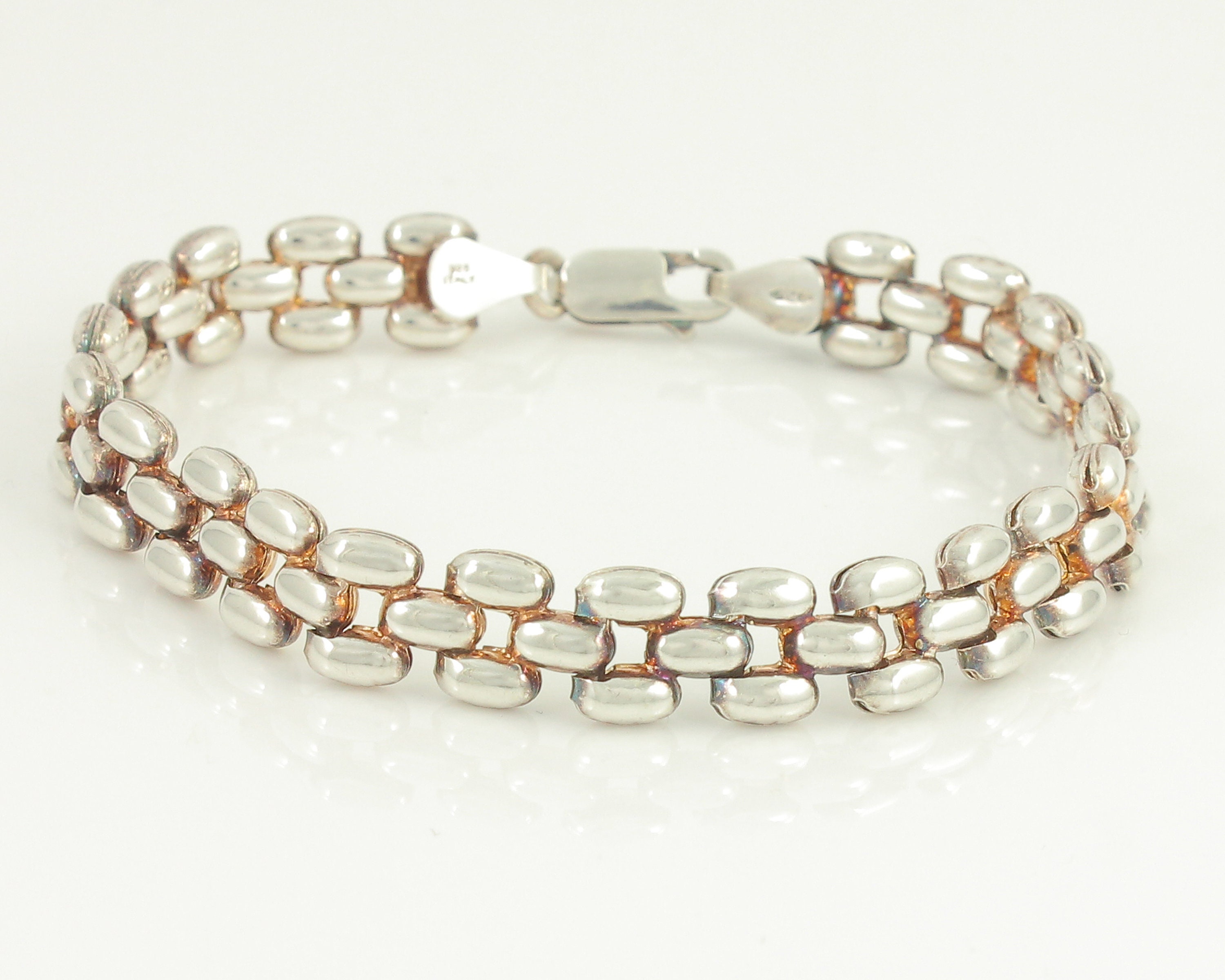 Vintage Sterling Brick Link Chain Bracelet, 1990s Heavy 7.25 Silver ...