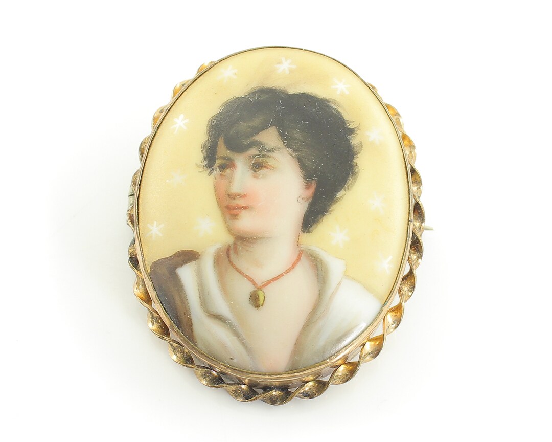 Antique Porcelain Portrait Brooch: Young Boy From Naples, Gold Filled ...
