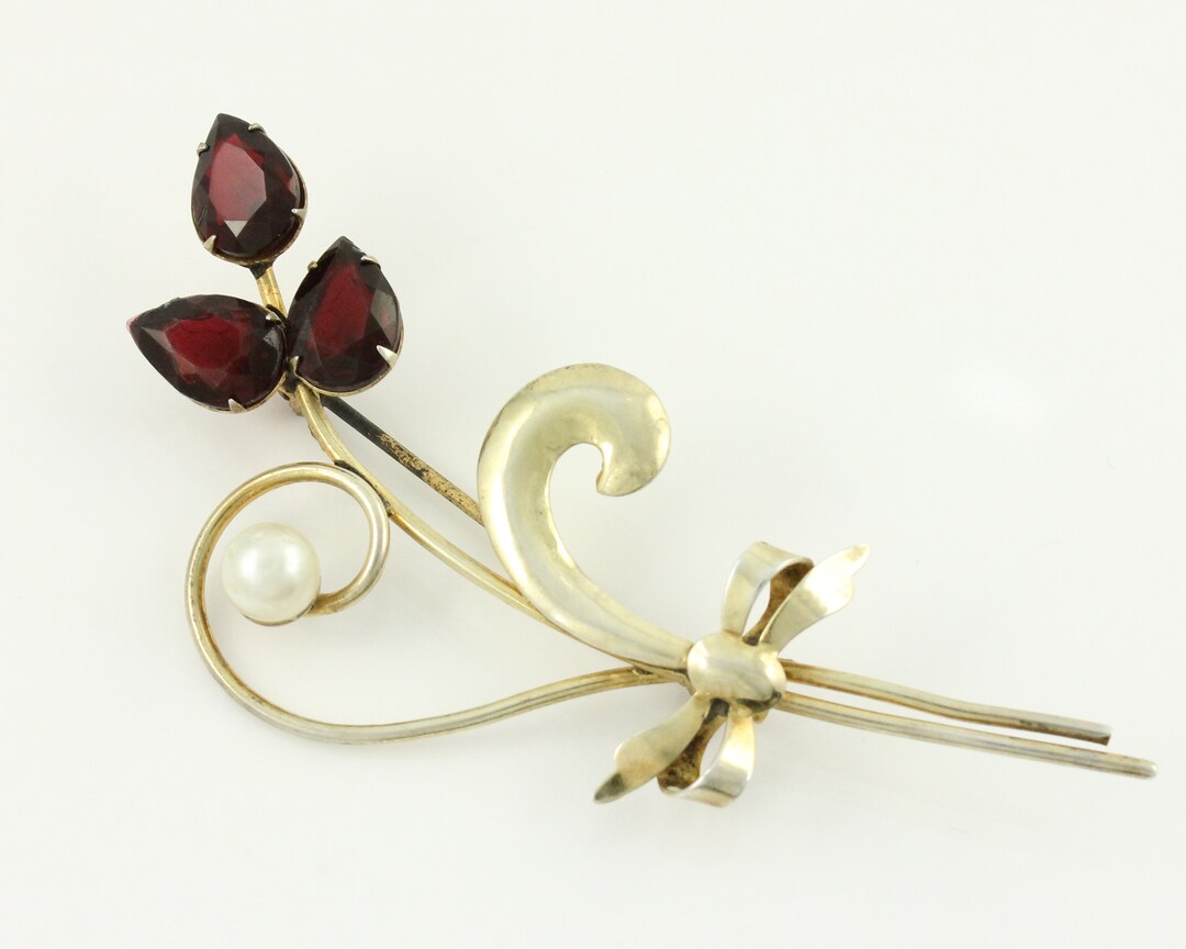 Vintage Wilcox Sterling Vermeil Flower Brooch: Rhinestone & Red Glass ...