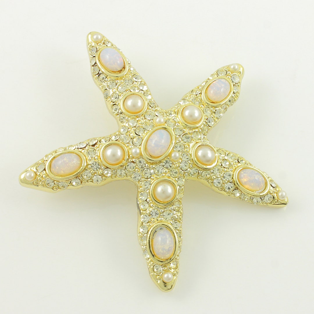 Vintage Danecraft Faux Opal Starfish Brooch, Swarovski Gold Tone Sea ...