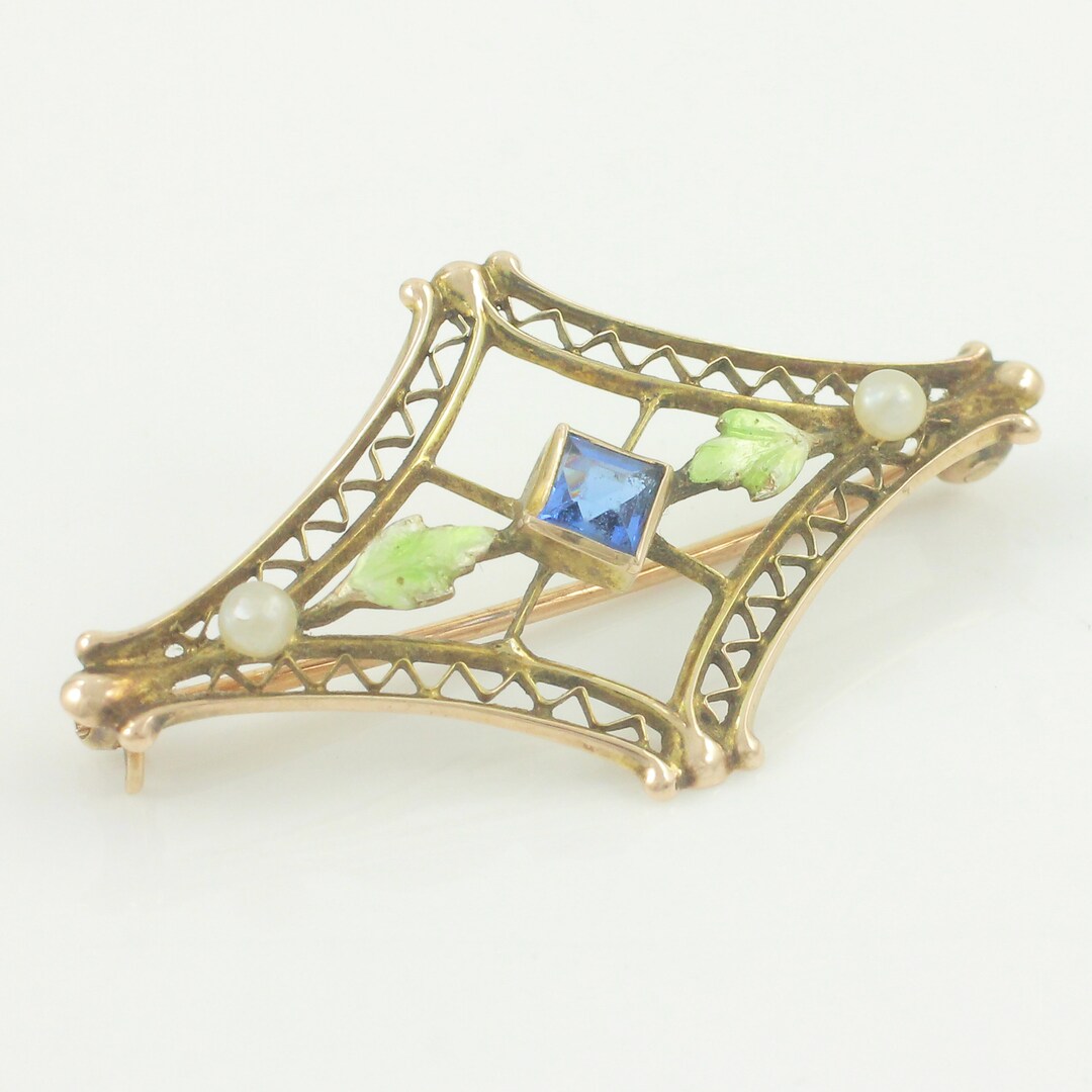 Edwardian 10K Enamel Pearl Blue Stone Pin, 10K Antique Dainty Filigree ...