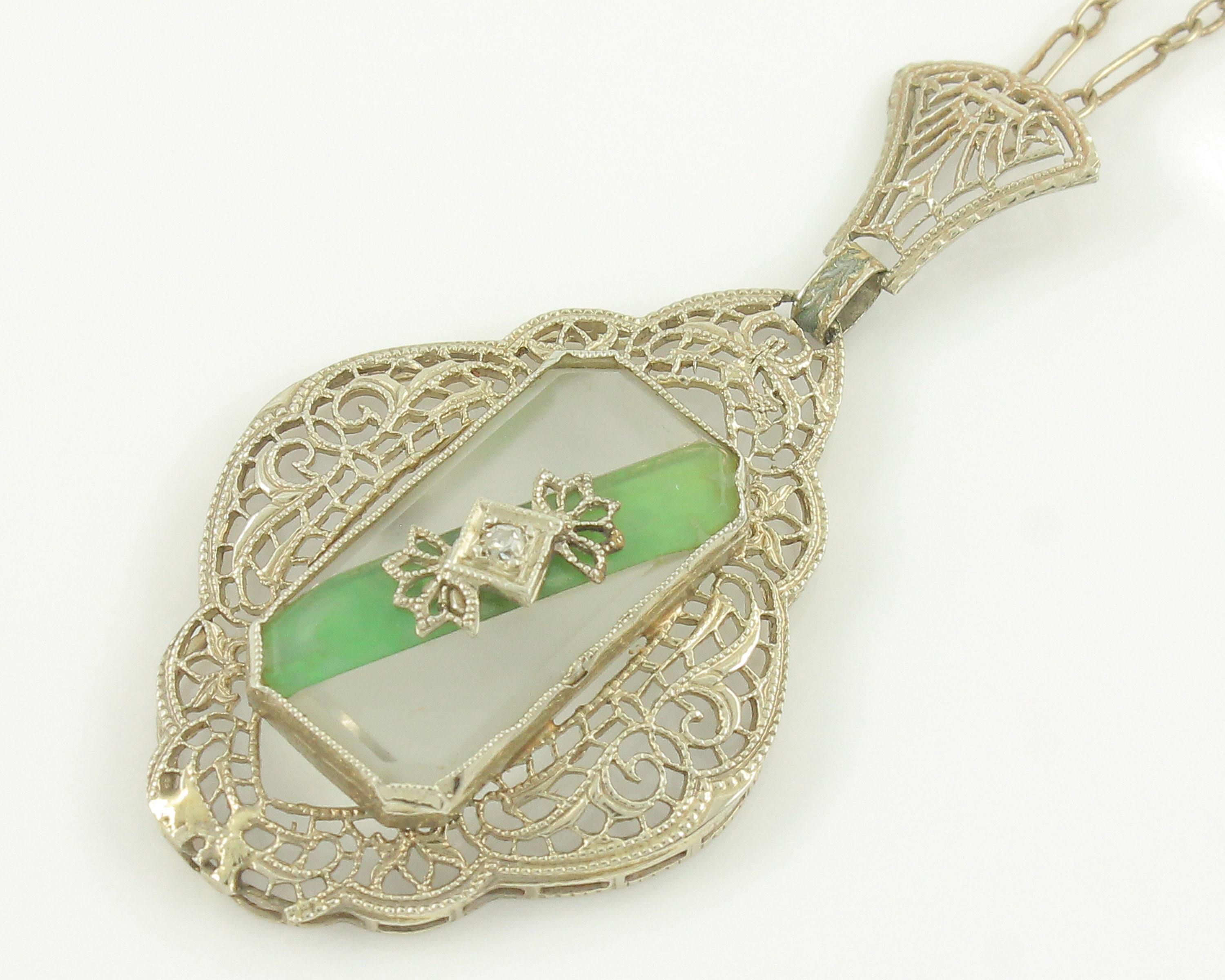 Art Deco Filigree Necklace Rock Crystal Diamond Pendant, Edwardian 10K ...