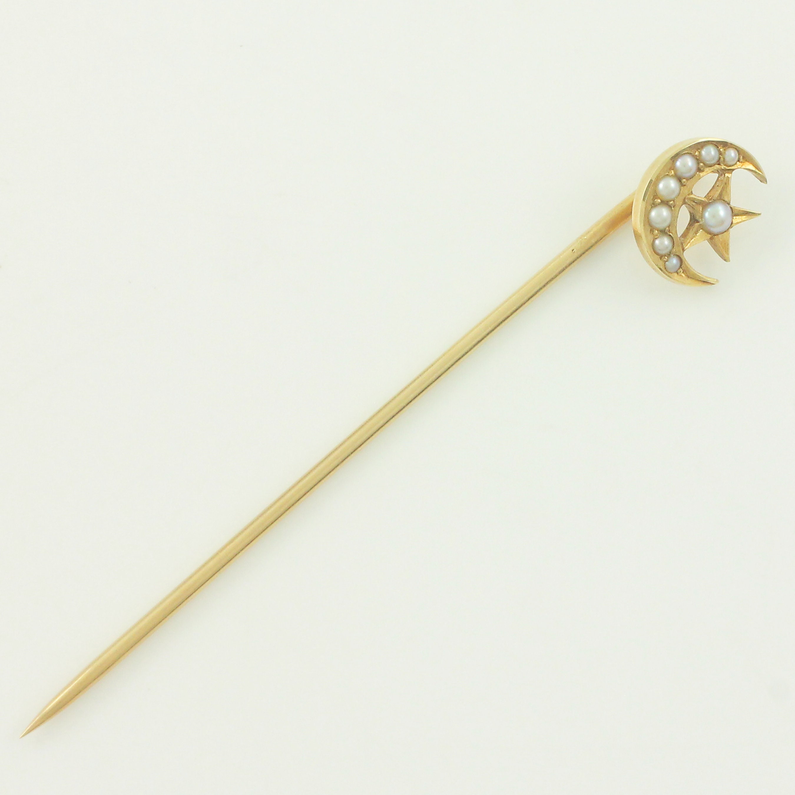 Antique Crescent Moon Star Pearl Stick Pin, Edwardian 14K Moon Star ...