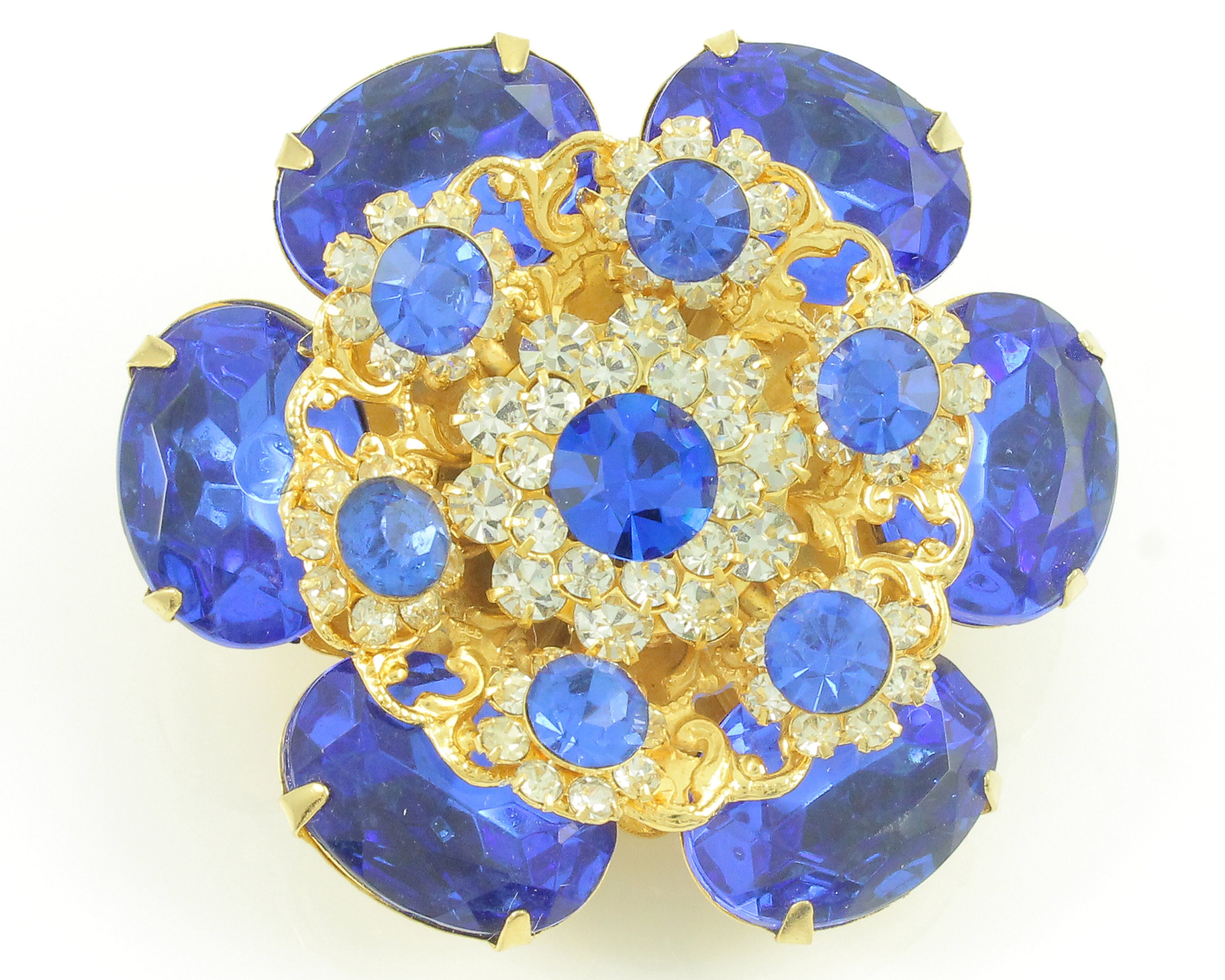 Vintage Royal Blue and Clear Rhinestone Brooch, Round Royal Blue ...