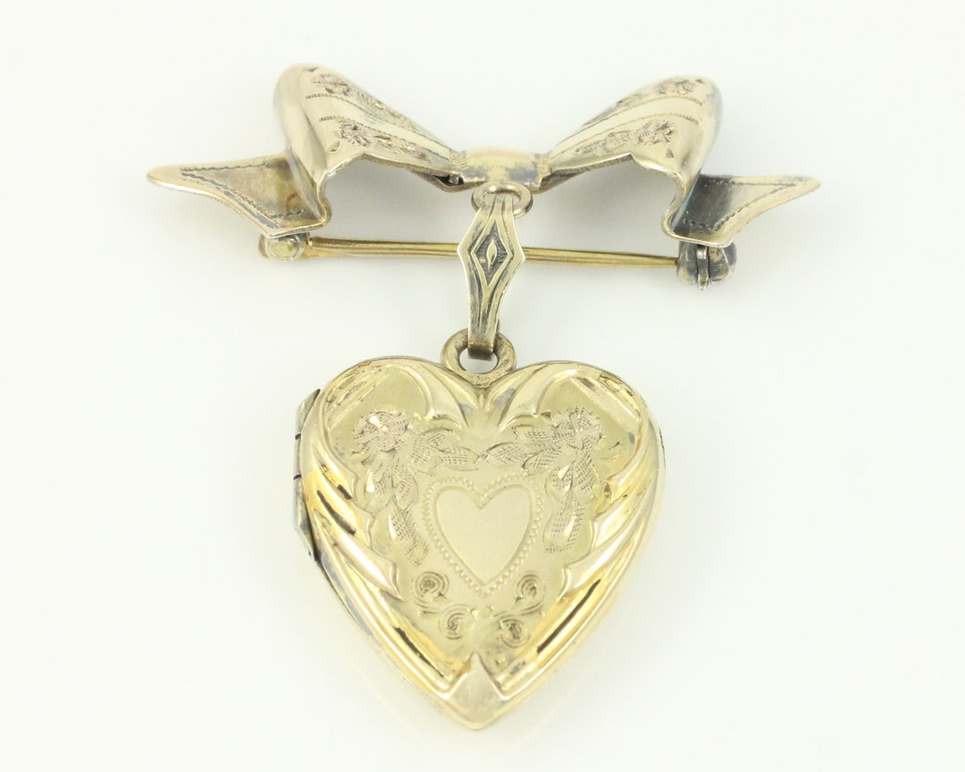 Vintage 10K GF Heart Locket Bow Brooch, 1940s 10K Yellow Gold Fill ...