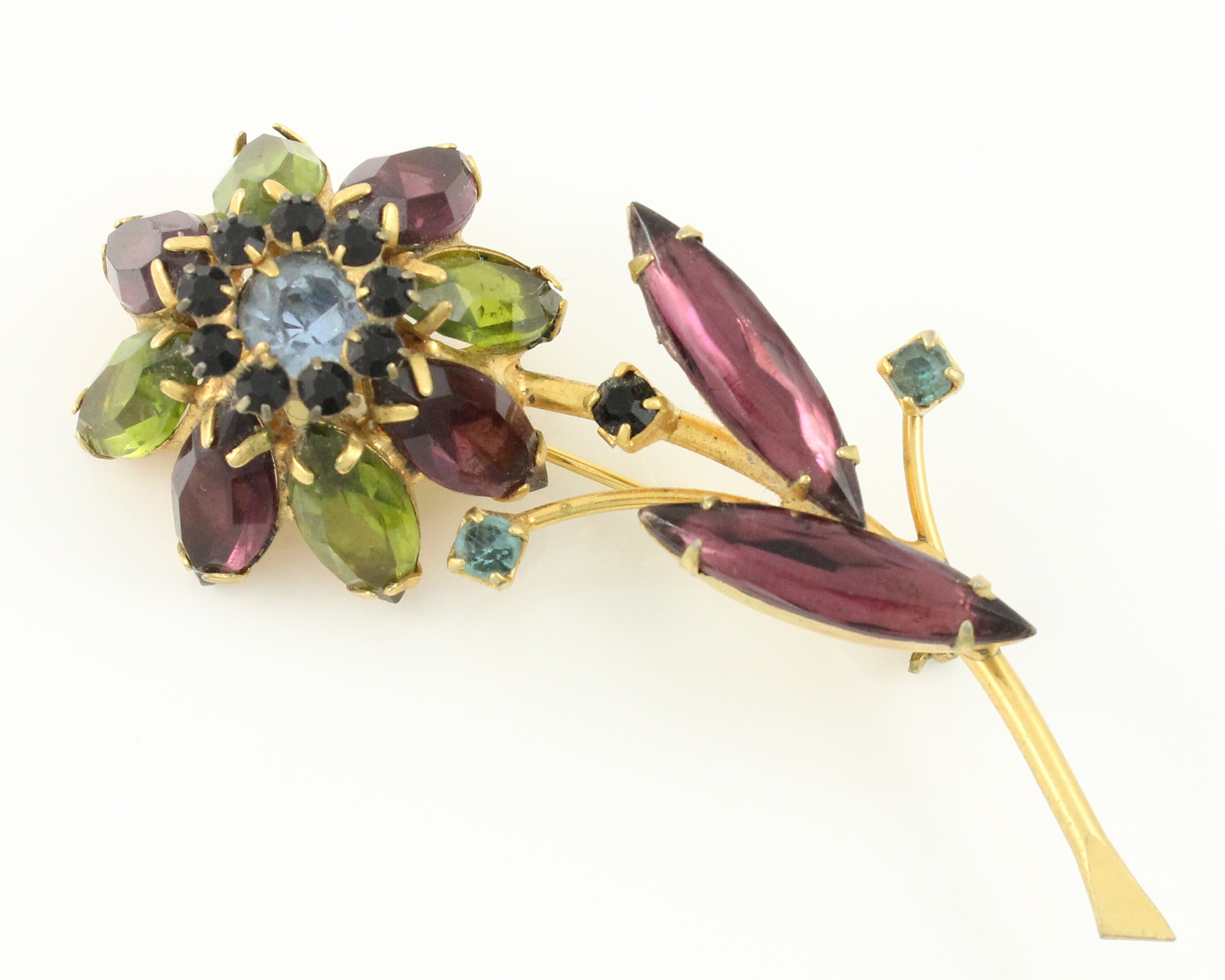 Vintage Purple Green Rhinestone Flower Brooch, Vintage Rhinestone Long ...