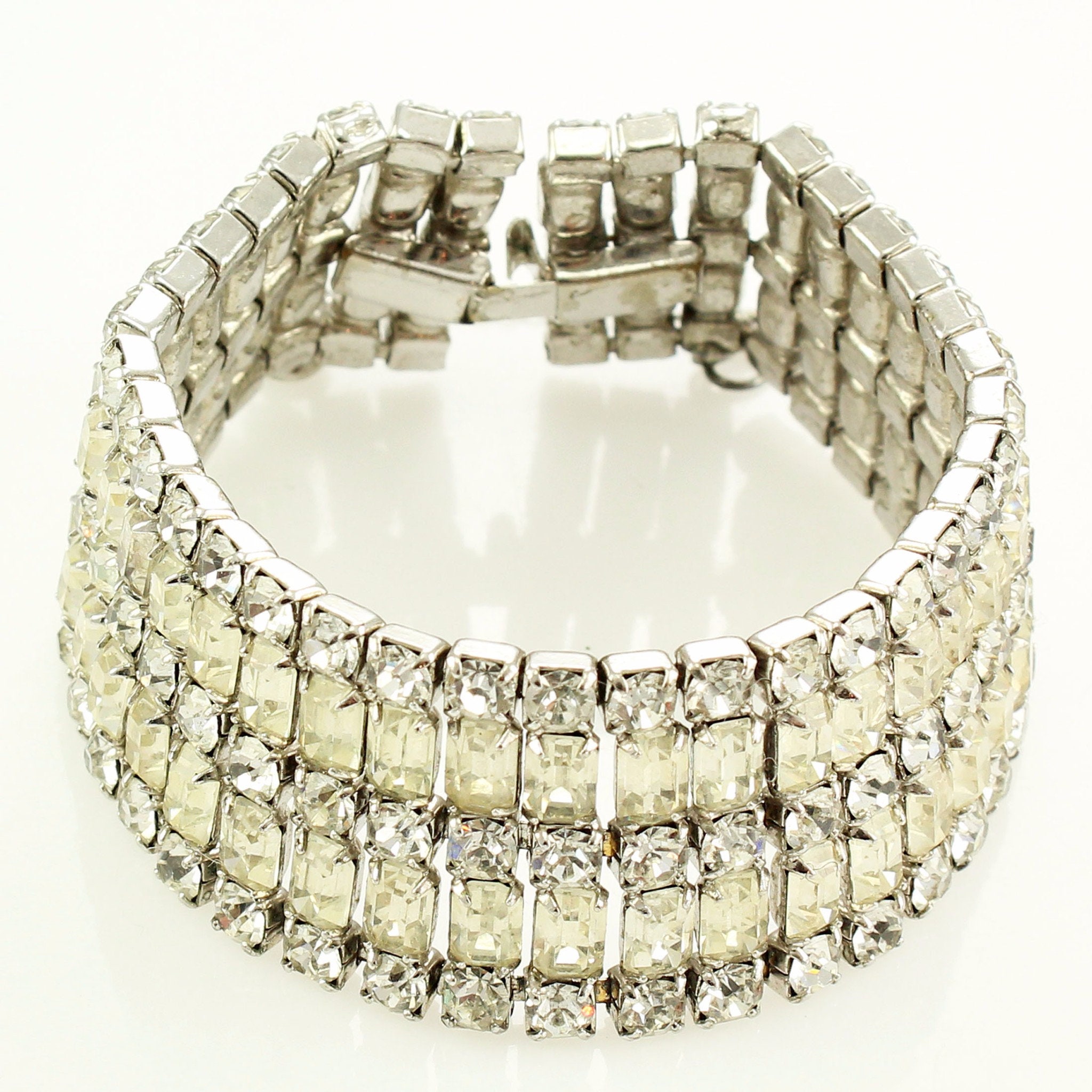 Wide Baguette and Round Rhinestone Bracelet - Silvertone Sparkling ...