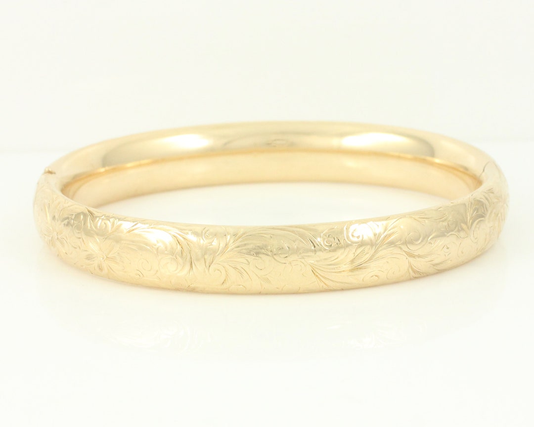 Antique 14K Gold Engraved Bangle Bracelet, Victorian 14K Hinged Bangle Floral Engraving, Vintage ...