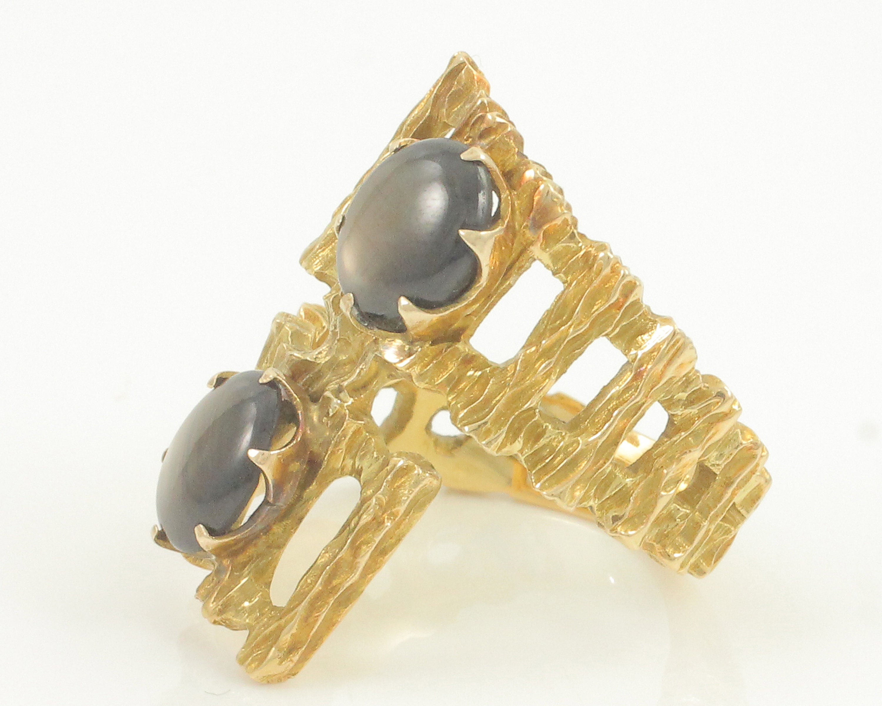 Vintage 18K Black Star Sapphire Bypass Ring, Mid Century Brutalist 18K ...