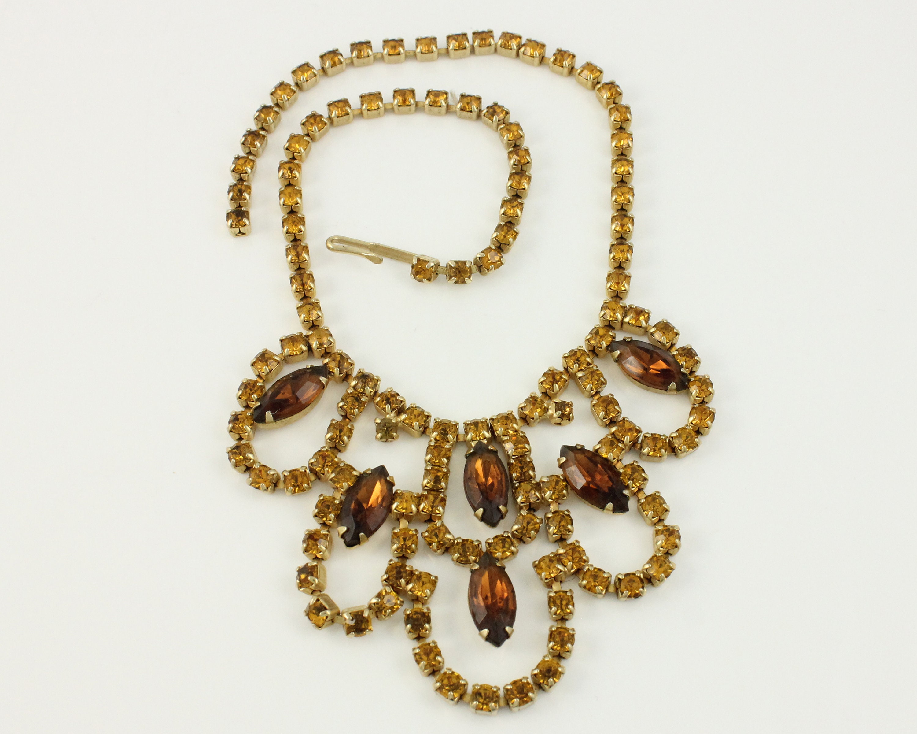 Vintage Honey Gold and Root Beer Rhinestone Swag Necklace, Vintage ...