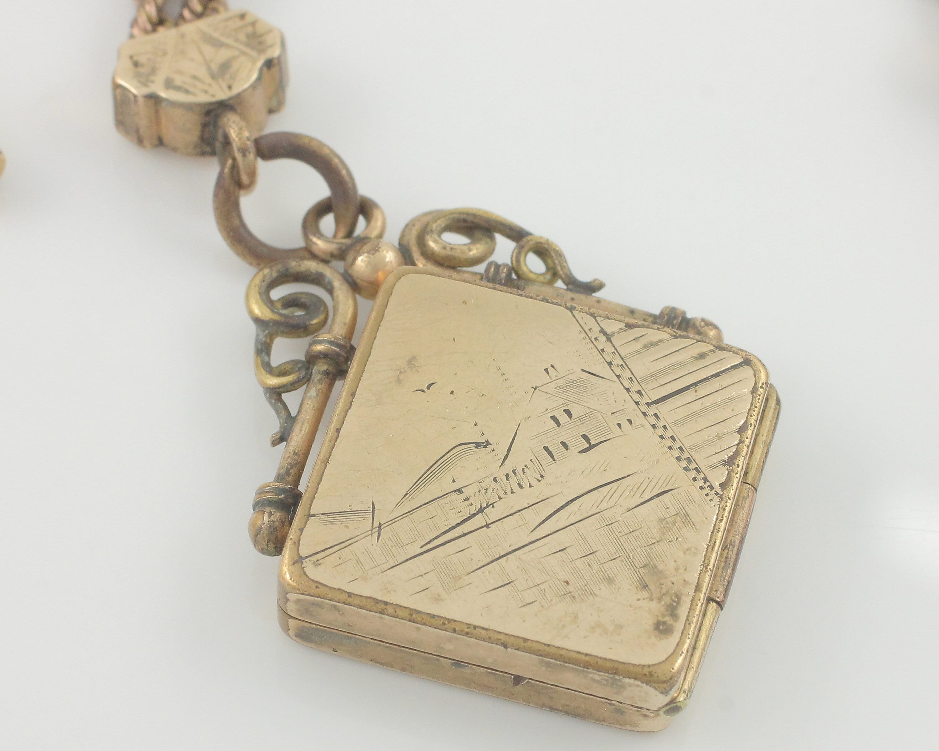 Victorian Gold Filled Albert Watch Chain with Locket Fob, 1880s GF ...