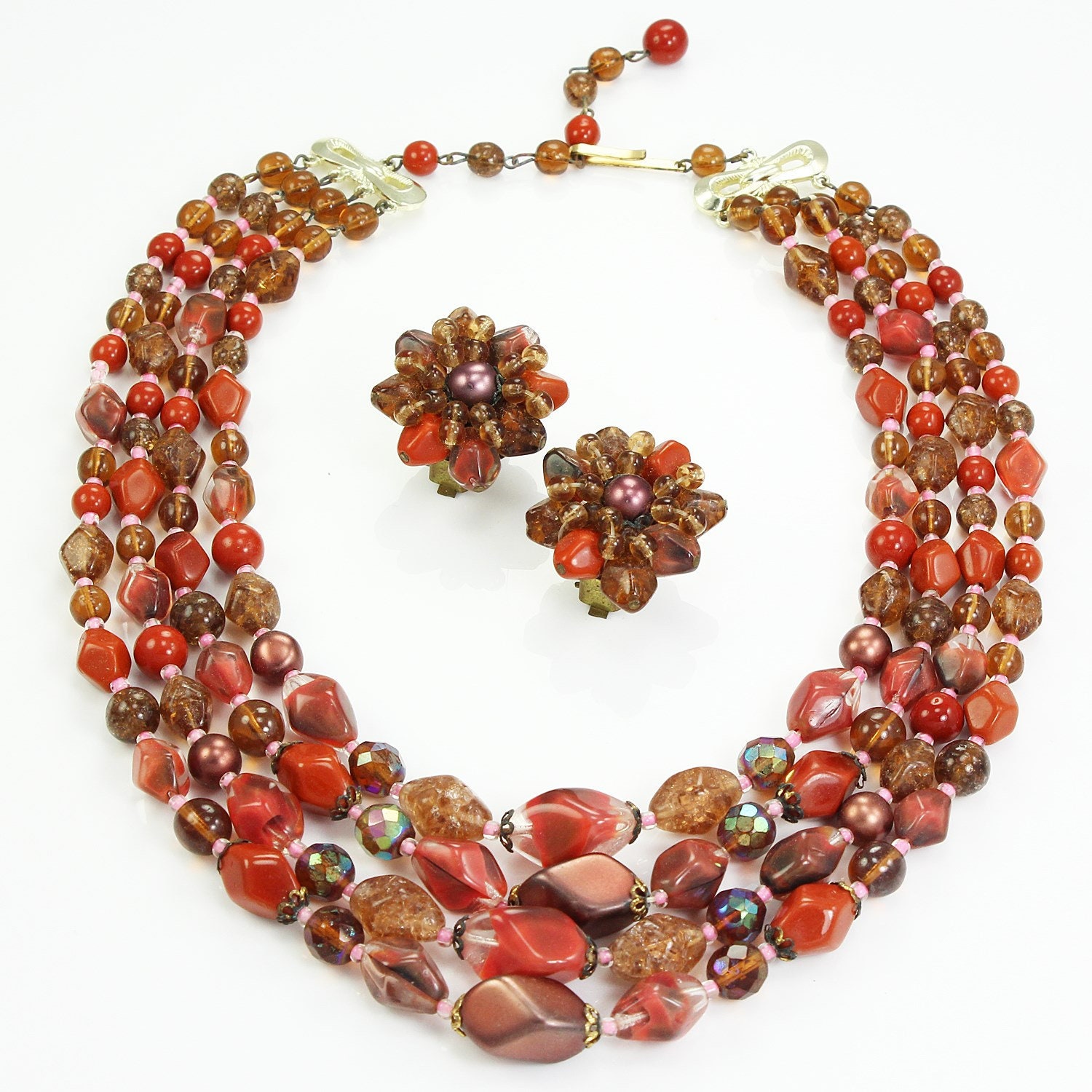 Coral Red Orange Bronze Art Glass Necklace - Four Strand Torsade Givre ...