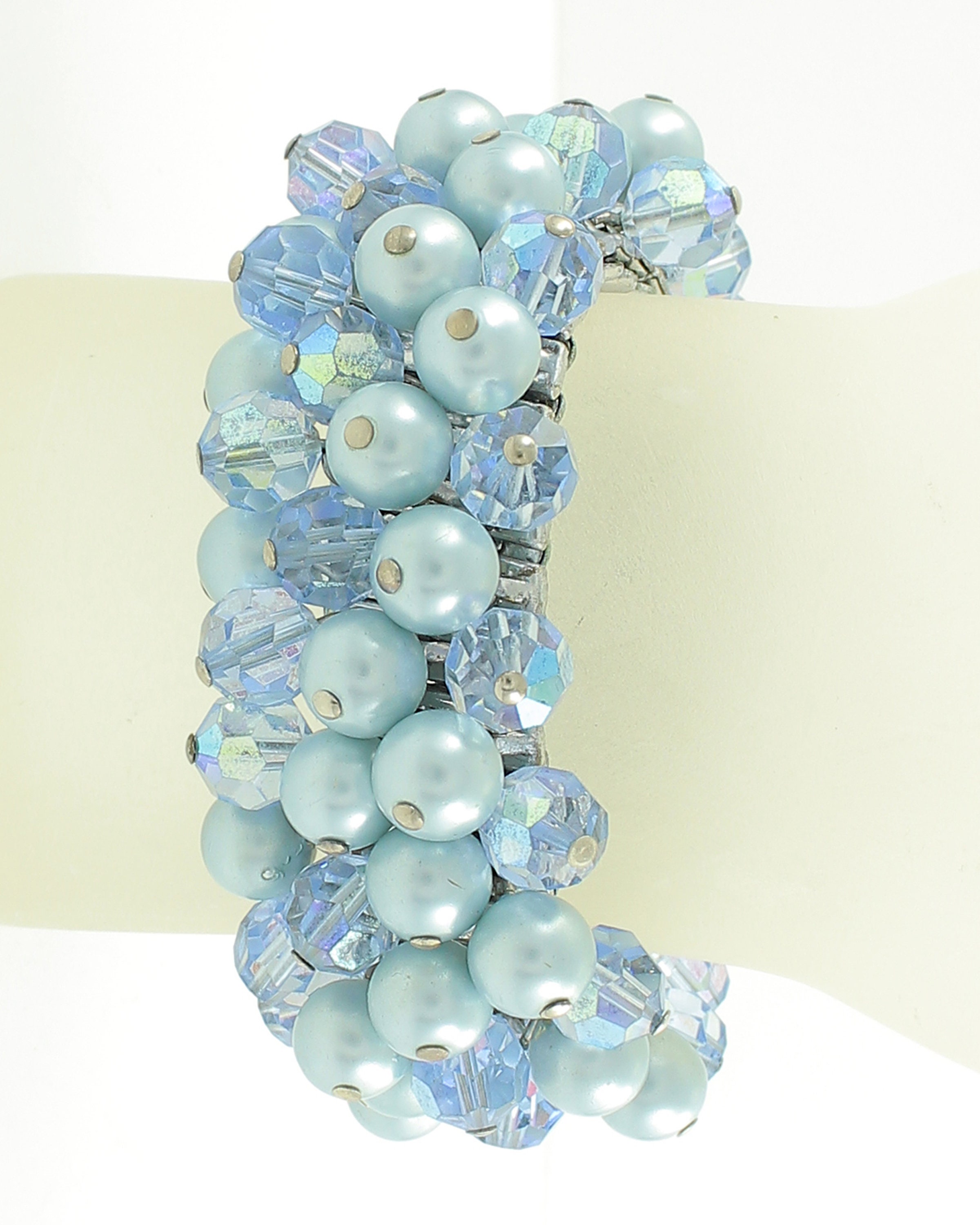 Vintage Blue Crystal AB Glass Pearl Cha-Cha Expansion Bracelet ...