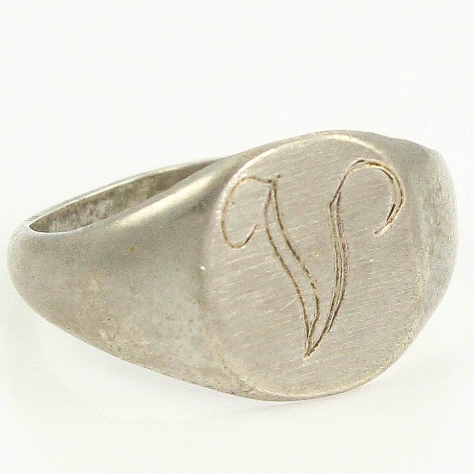 Vintage Dainty Silver Signet Ring, 1950s Sterling Silver V Initial ...