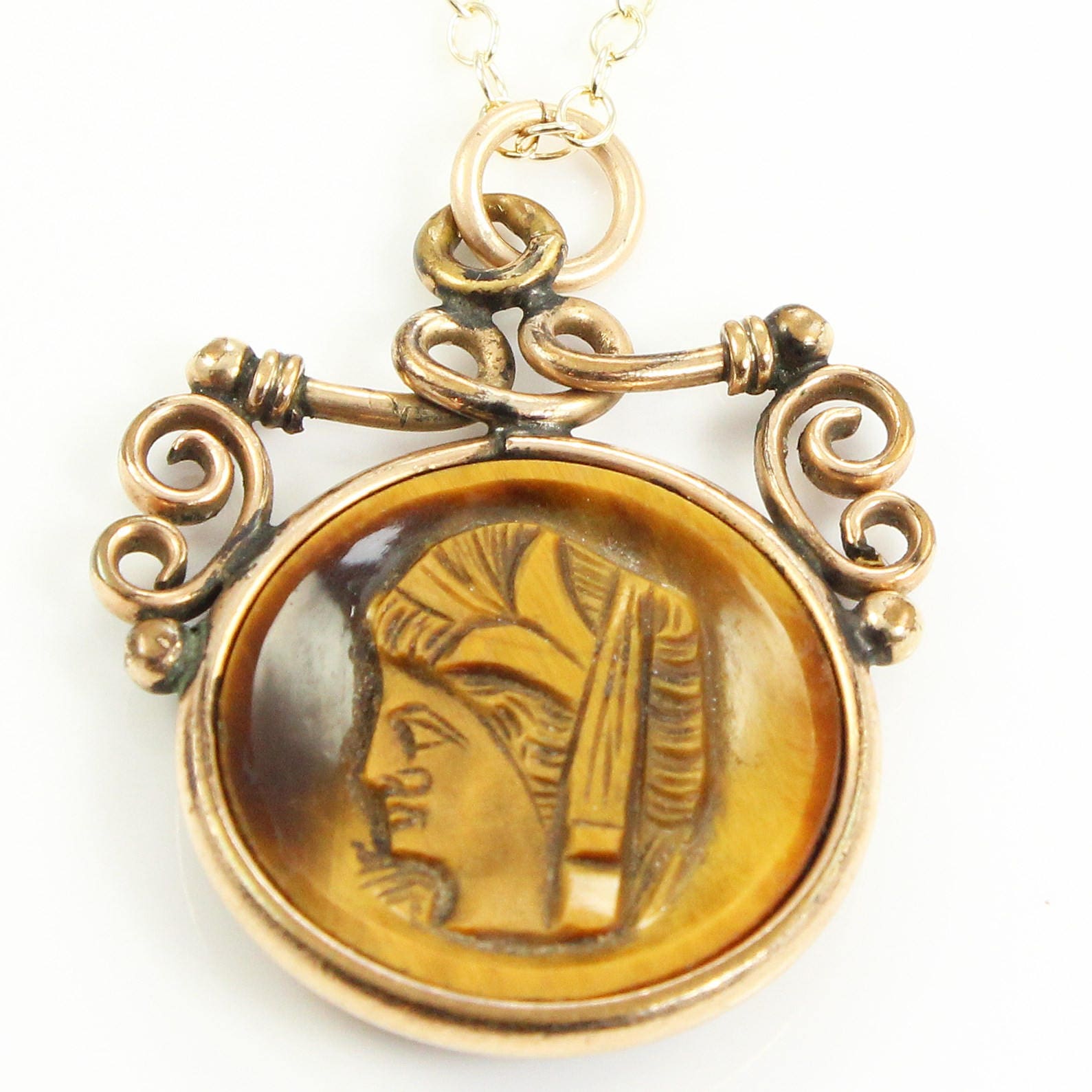 Antique Carved Tiger Eye Cameo Watch Fob Pendant Necklace 20 Chain ...