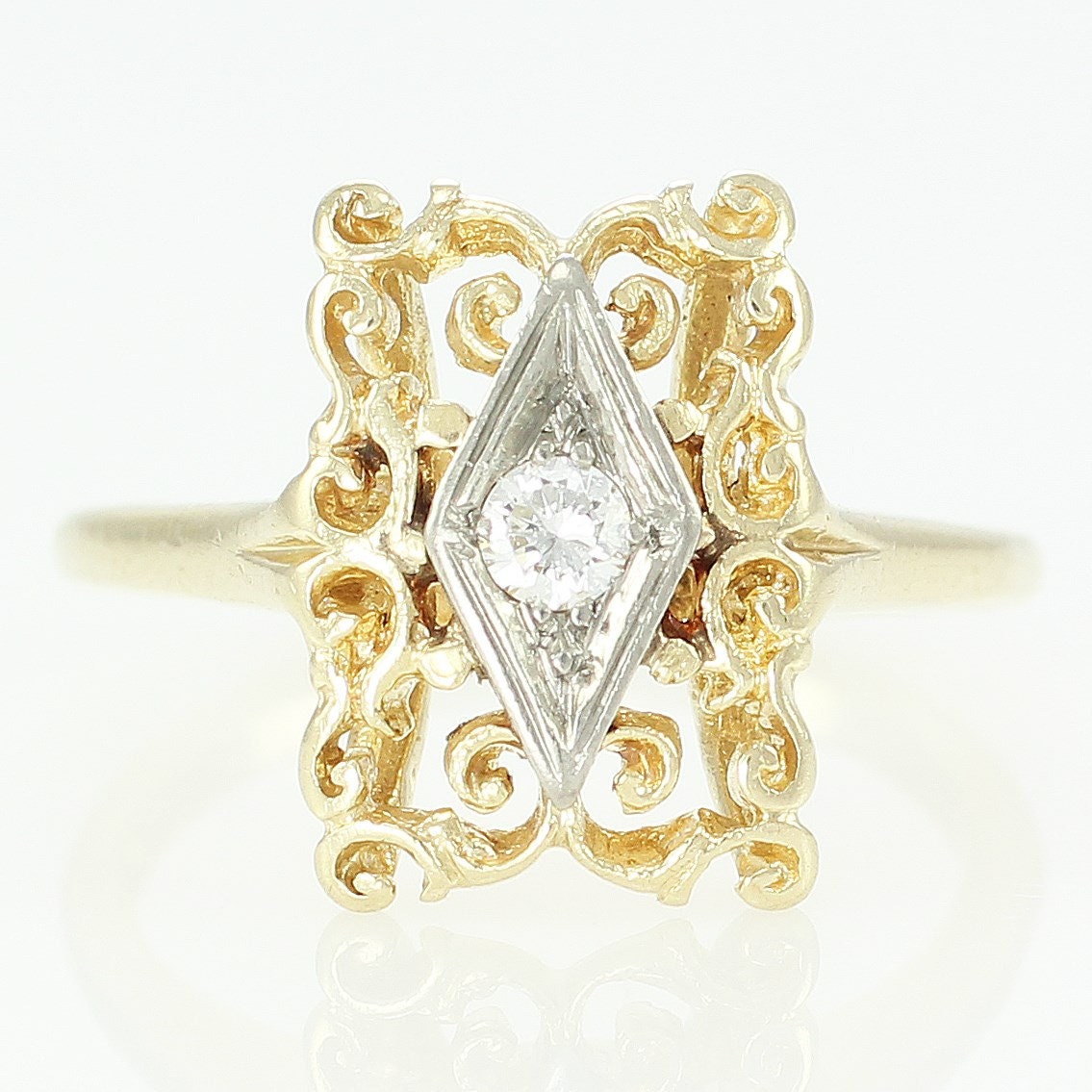 Vintage Gold Filigree Diamond Ring - Edwardian Style 14K Yellow and ...