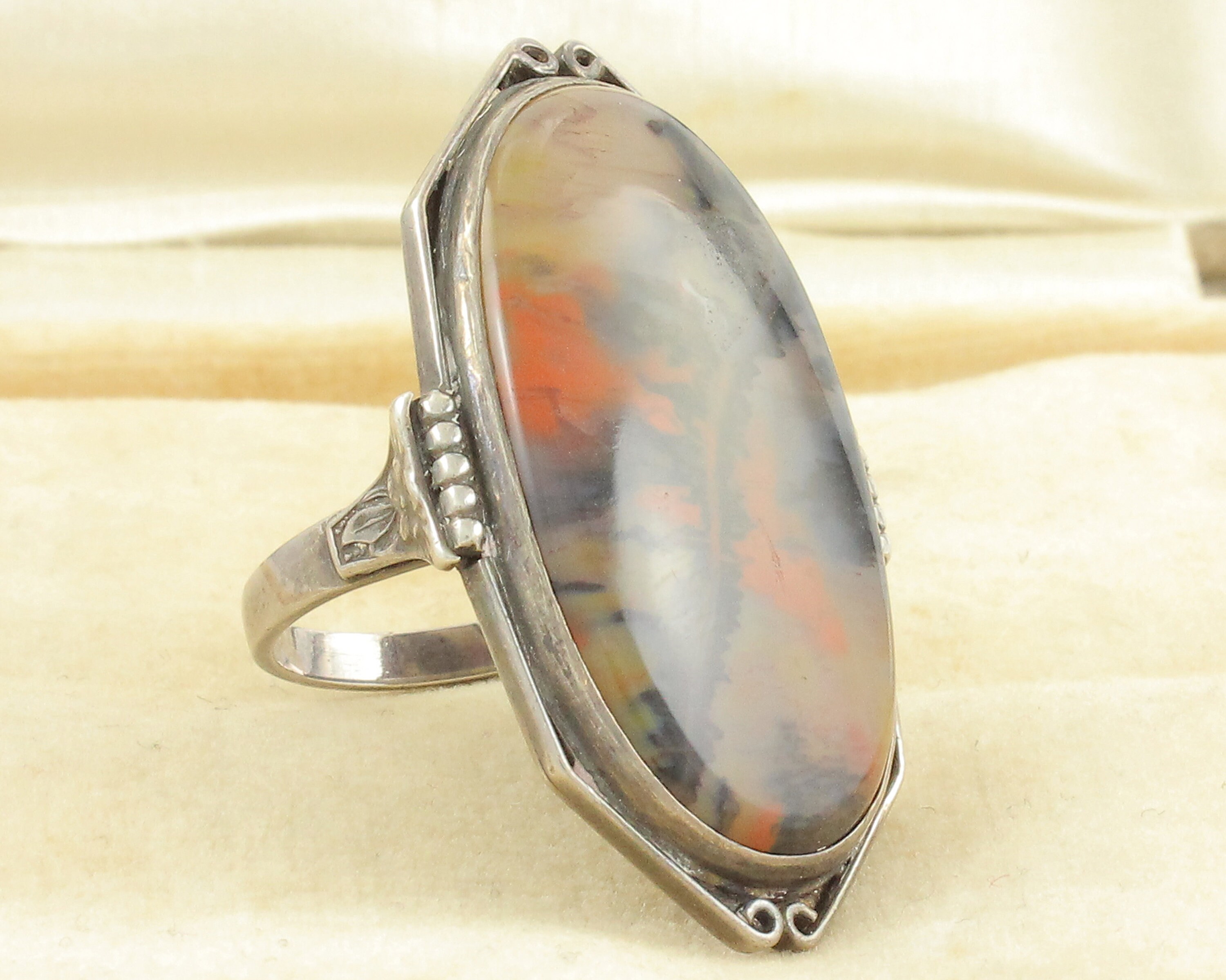 Large Art Deco Dendritic Landscape Agate Statement Ring - Sterling ...