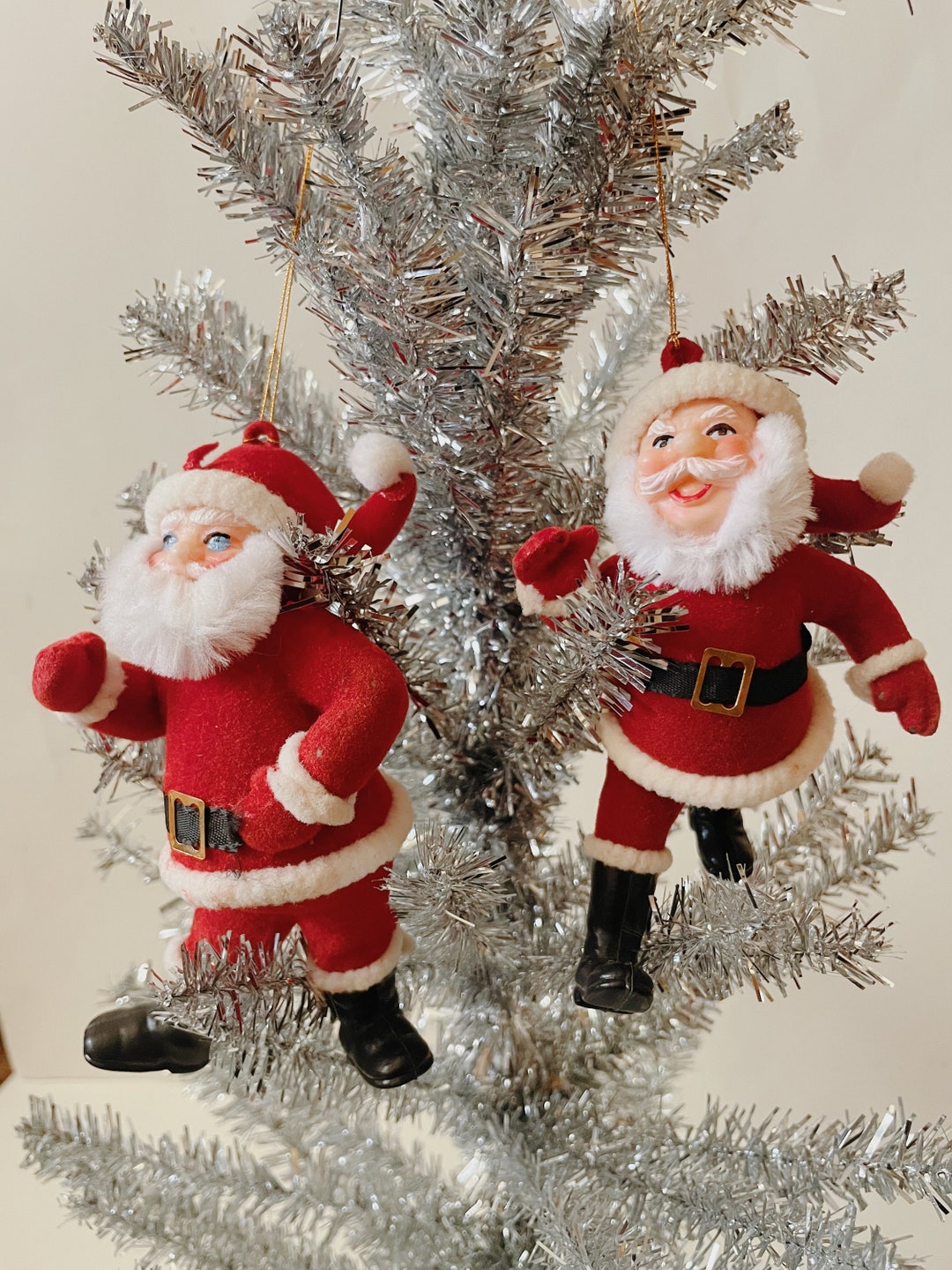 Mid Century Flocked Santa Ornament Set - Etsy