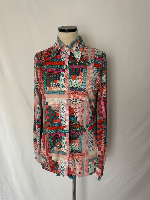 70’s Faux Patchwork Print Disco Shirt - Gem