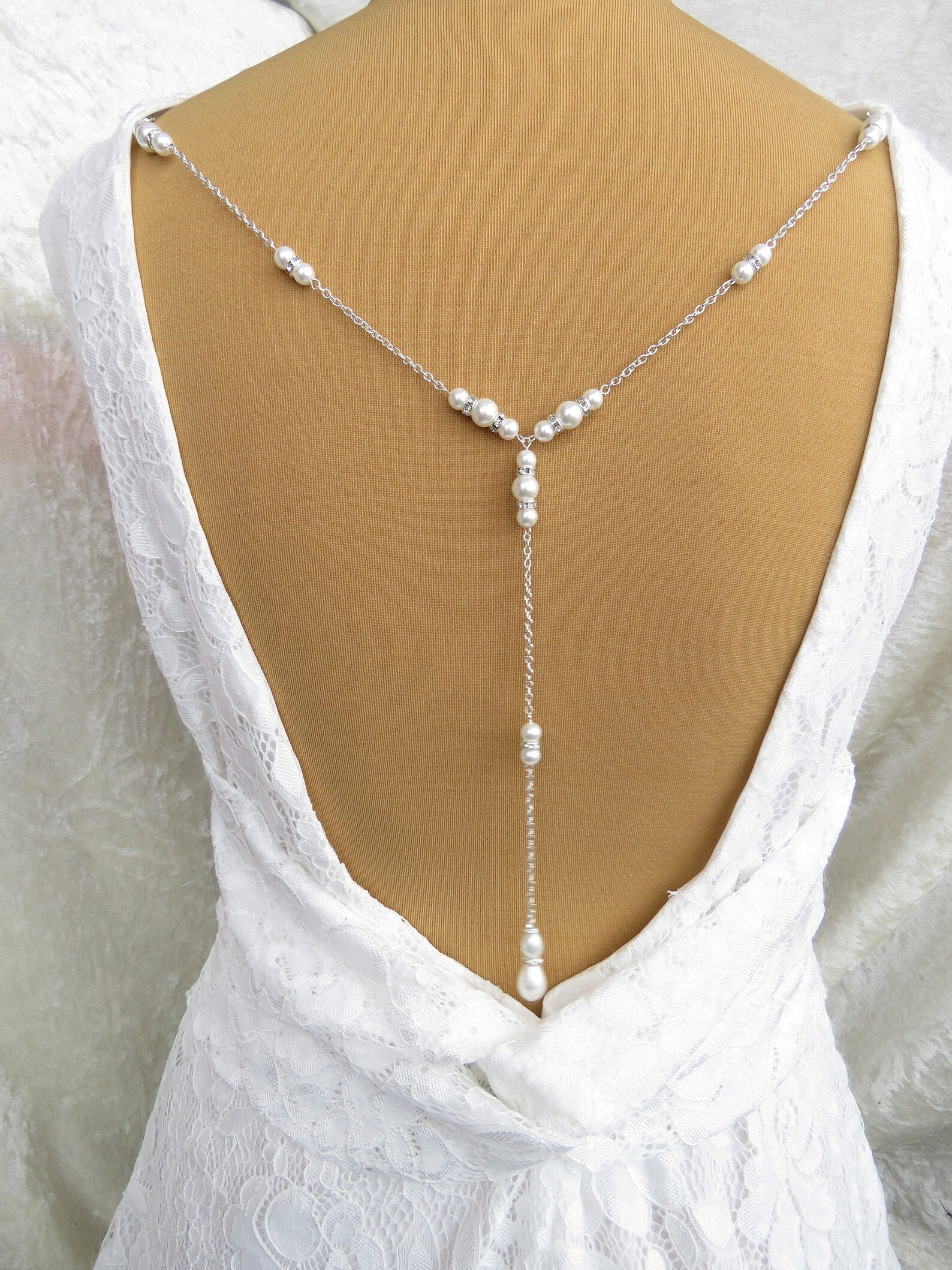 Glass Pearl Back Necklace. Back Chains, Bridal Back Drape Chain for Low ...