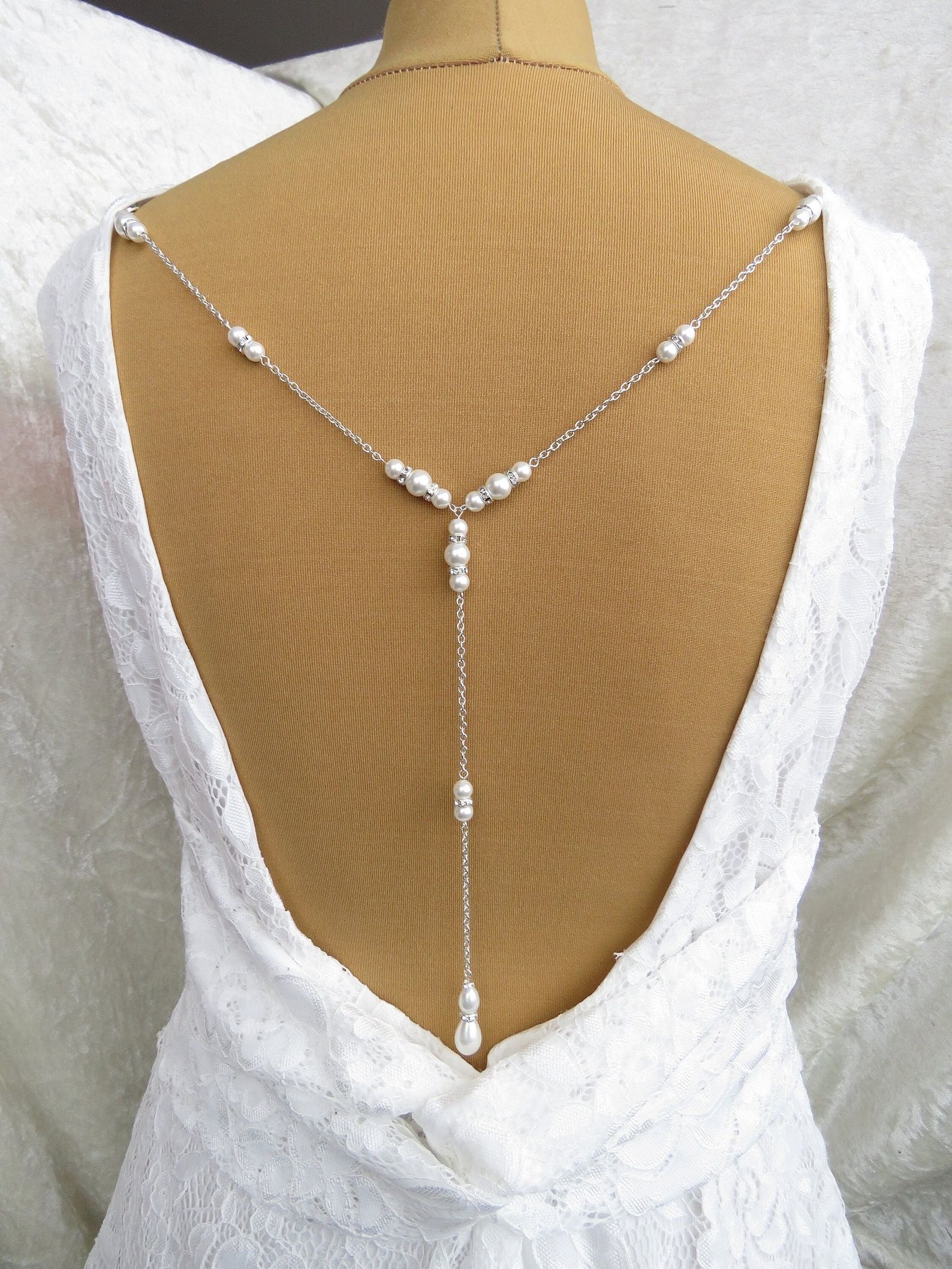 Glass Pearl Back Necklace. Back Chains, Bridal Back Drape Chain for Low ...