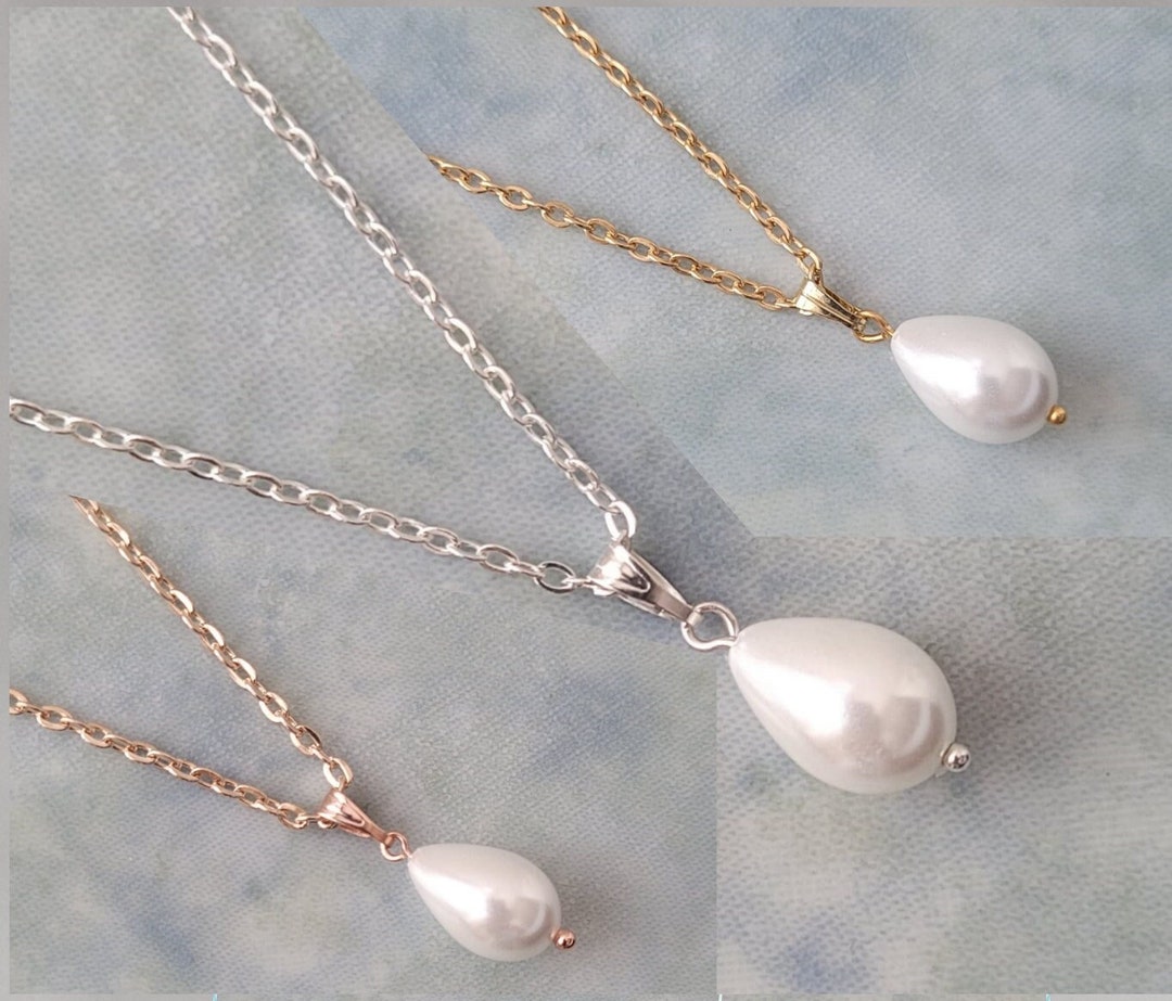 Simple Teardrop Pearl Drop Pendant Necklace. Single White or Ivory ...