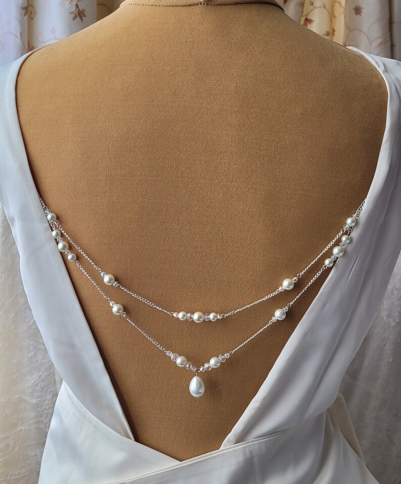 2 Row Pearl & AB Crystal Back Necklace, Pearl and Crystal Silver Plated ...