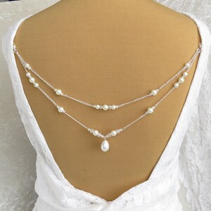 2 Row Pearl & AB Crystal Back Necklace, Pearl and Crystal Silver Plated ...
