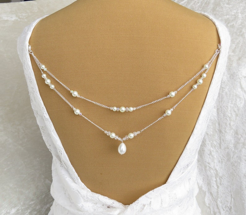 2 Row Pearl & AB Crystal Back Necklace, Pearl and Crystal Silver Plated ...