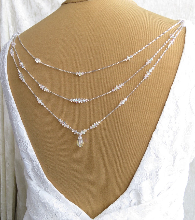 Preciosa AB Crystal Back Necklace. 3 Rows Back Chains Bridal - Etsy