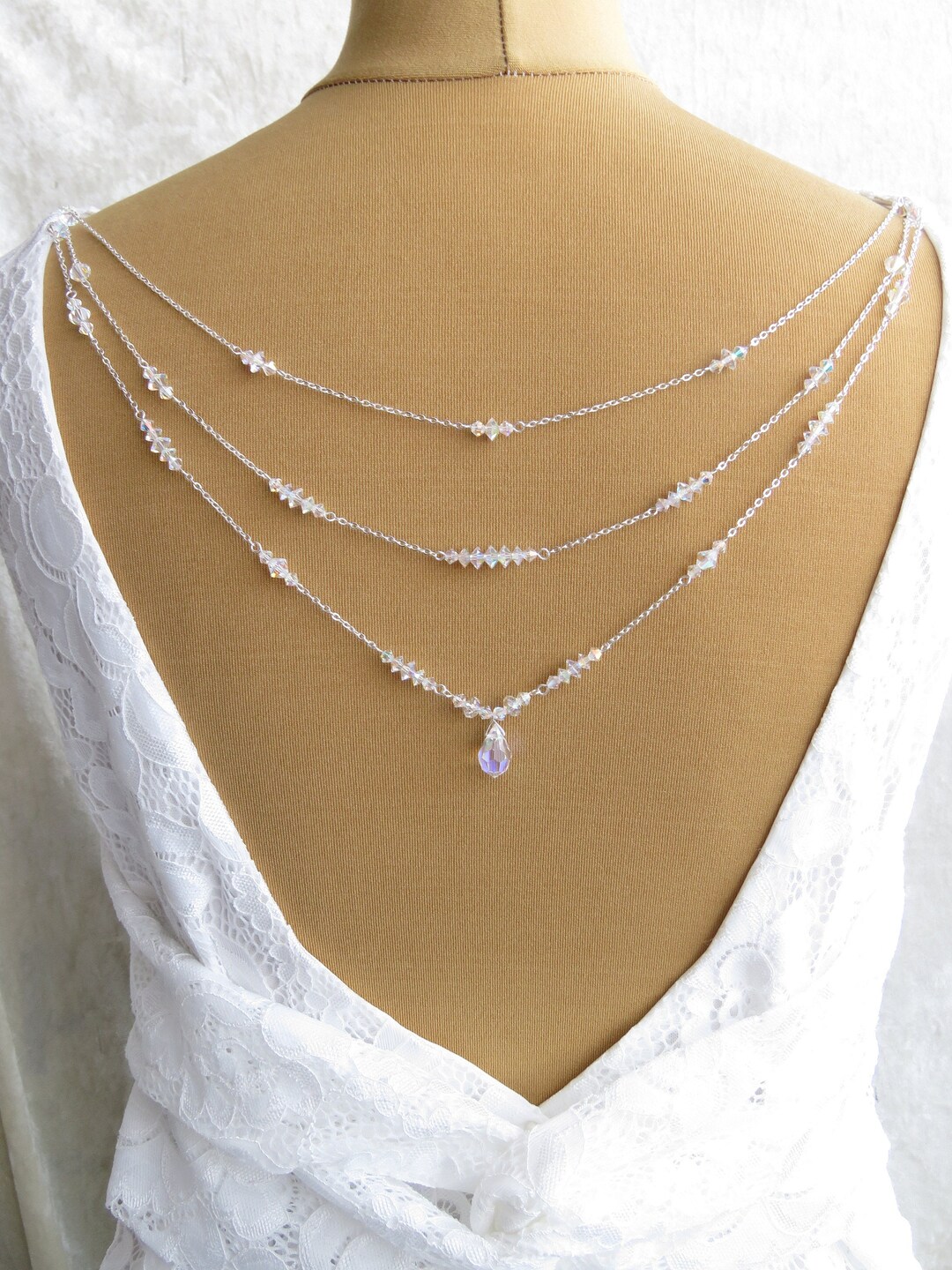 Preciosa AB Crystal Back Necklace. 3 Rows Back Chains, Bridal Back ...
