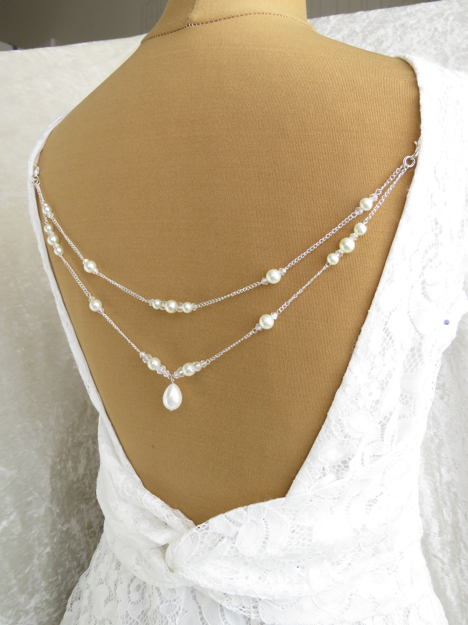 2 Row Pearl & AB Crystal Back Necklace, Pearl and Crystal Silver Plated ...