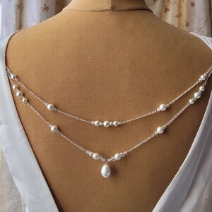 2 Row Pearl & AB Crystal Back Necklace, Pearl and Crystal Silver Plated ...