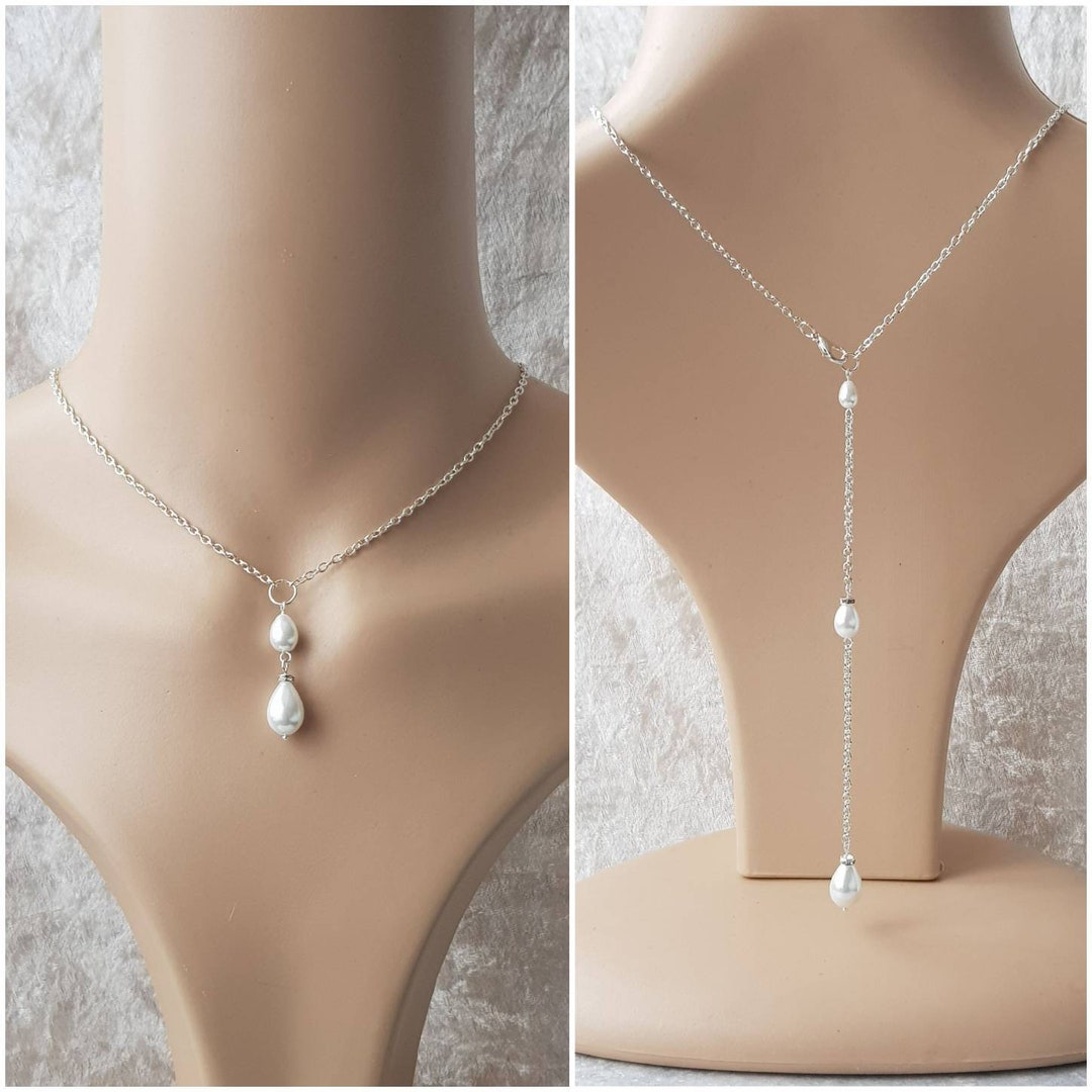 Teardrop Pearl Necklace With Backdrop. Silver Plated. Ivory or White ...