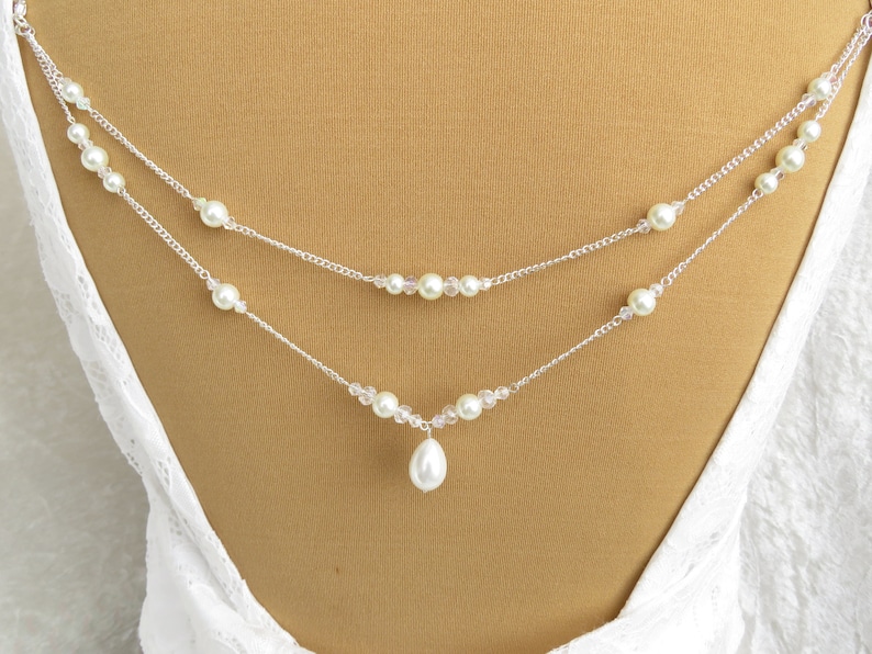 2 Row Pearl & AB Crystal Back Necklace, Pearl and Crystal Silver Plated ...