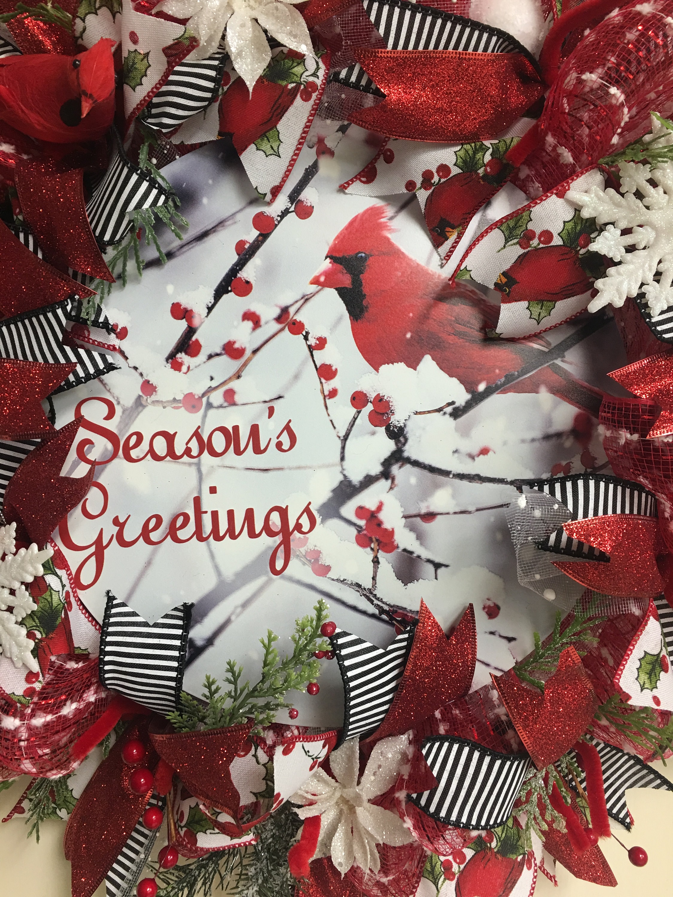 Season's Greetings Red Bird Christmas Wreath Christmas | Etsy